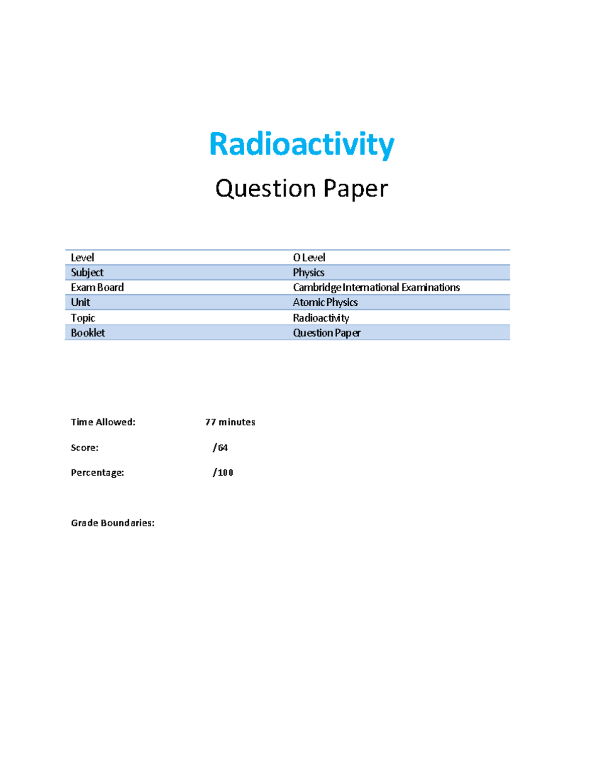 Radioactivity - Radioactivity Question Paper Level O Level Subject ...