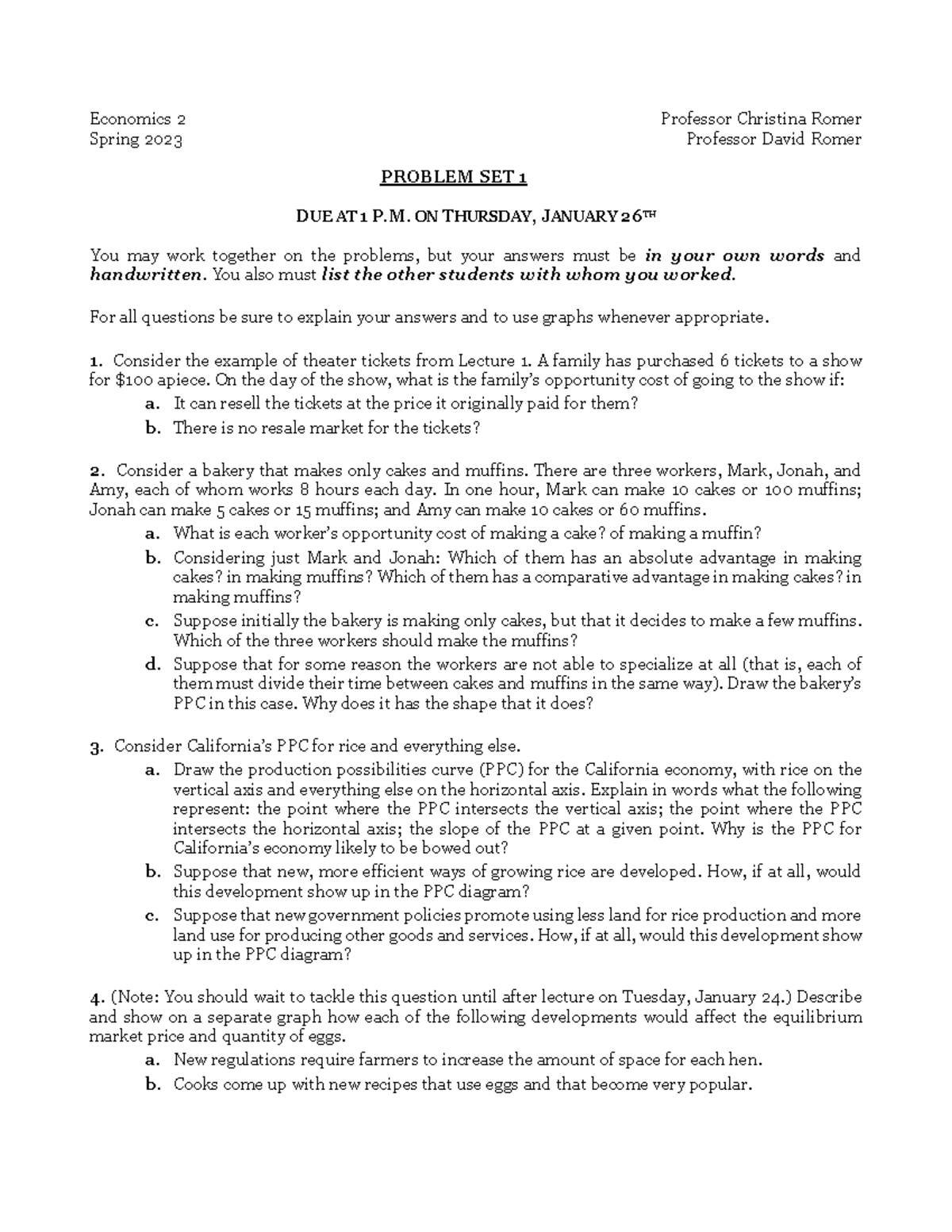 Problem Set 1 - Economics 2 Professor Christina Romer Spring 2023 Professor David Romer PROBLEM ...