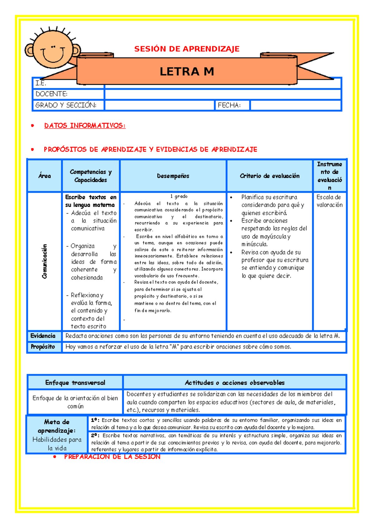2 Sesion Letra M - SESIÓN DE APRENDIZAJE I. DOCENTE: GRADO Y SECCIÓN ...