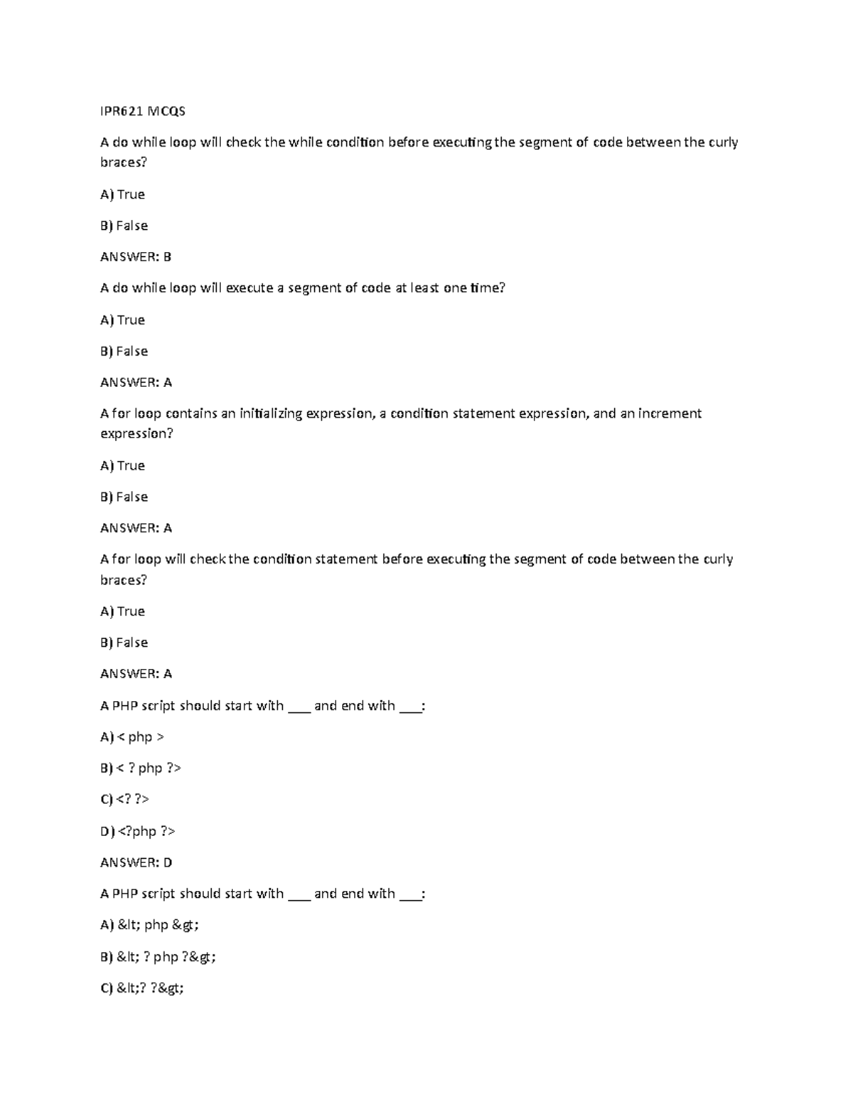 Ipr621 Mcqs Internet Programming Work Course Ipr621 Mcqs A Do While