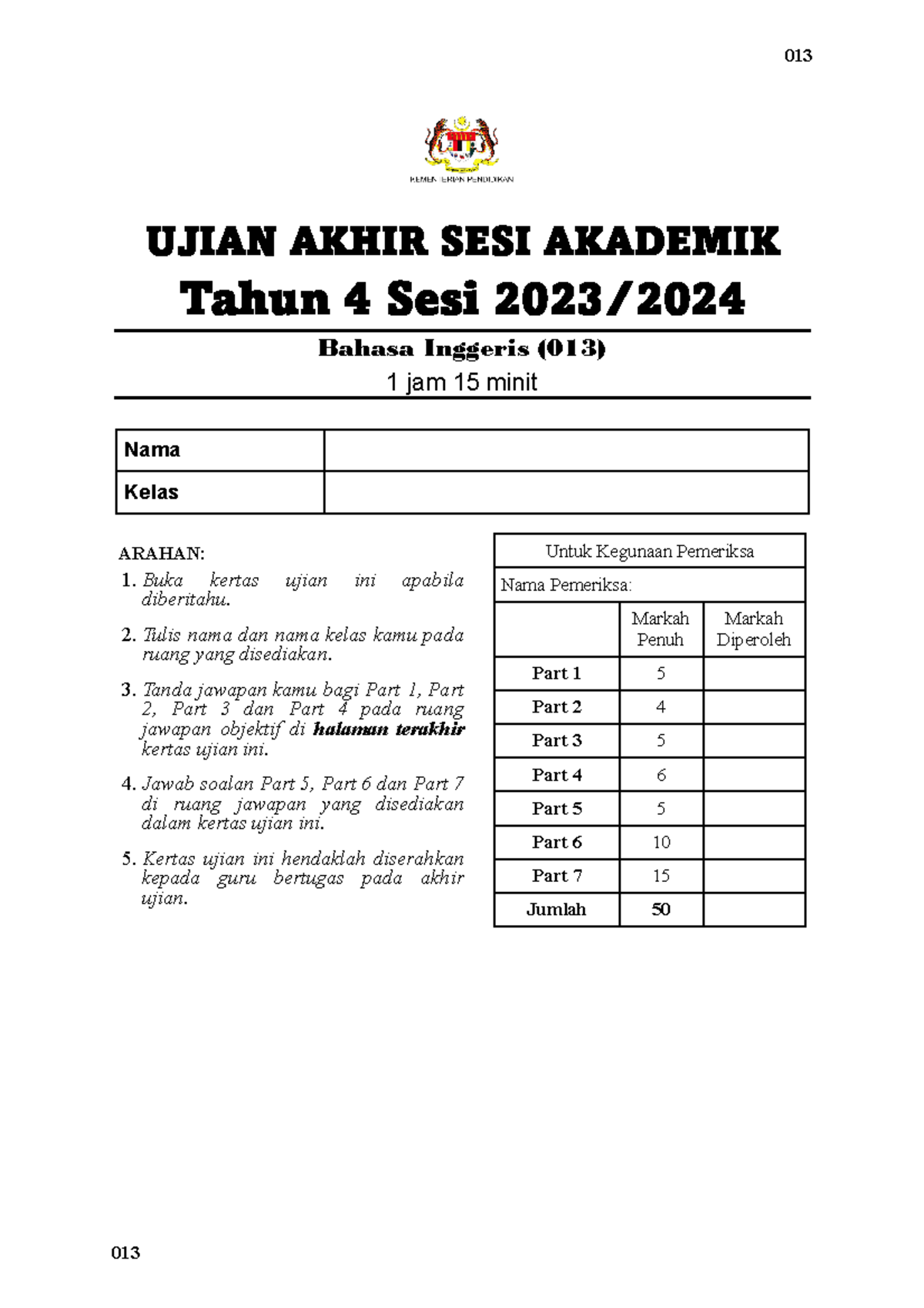 ENGLISH PAPER ASSIGNMENT - UJIAN AKHIR SESI AKADEMIK Tahun 4 Sesi 2023 ...