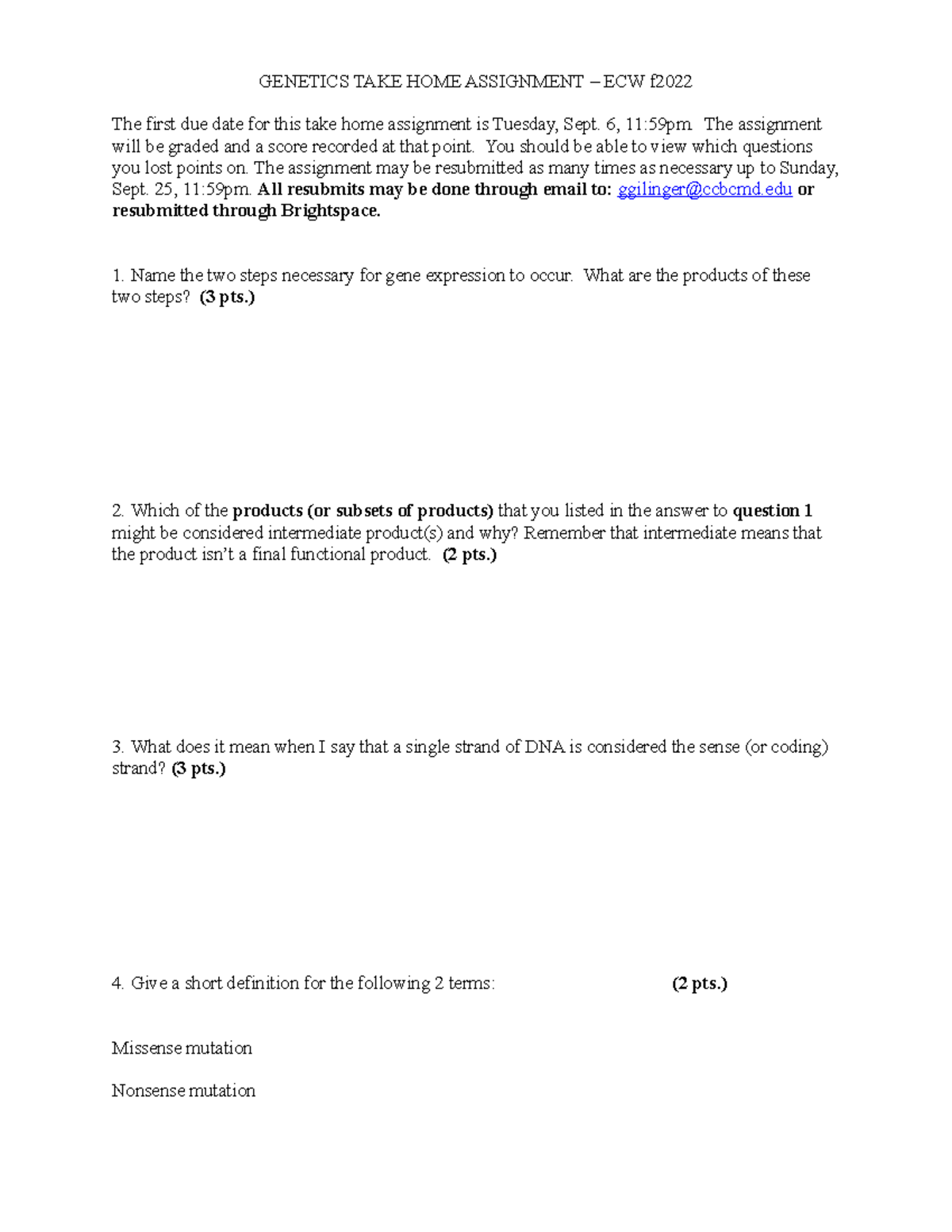 Genetics takehome ECW #3 - GENETICS TAKE HOME ASSIGNMENT – ECW f The ...