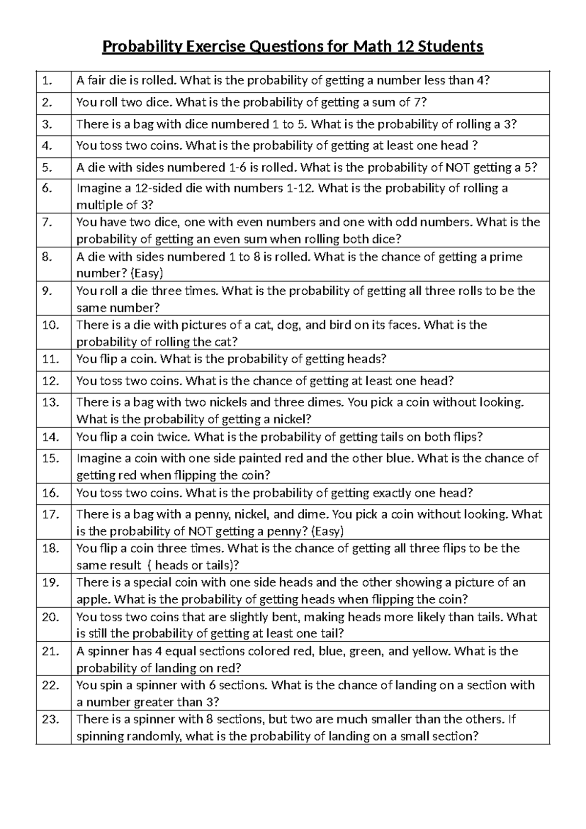 Probability 60 - Probability Exercise Questions for Math 12 Students A ...