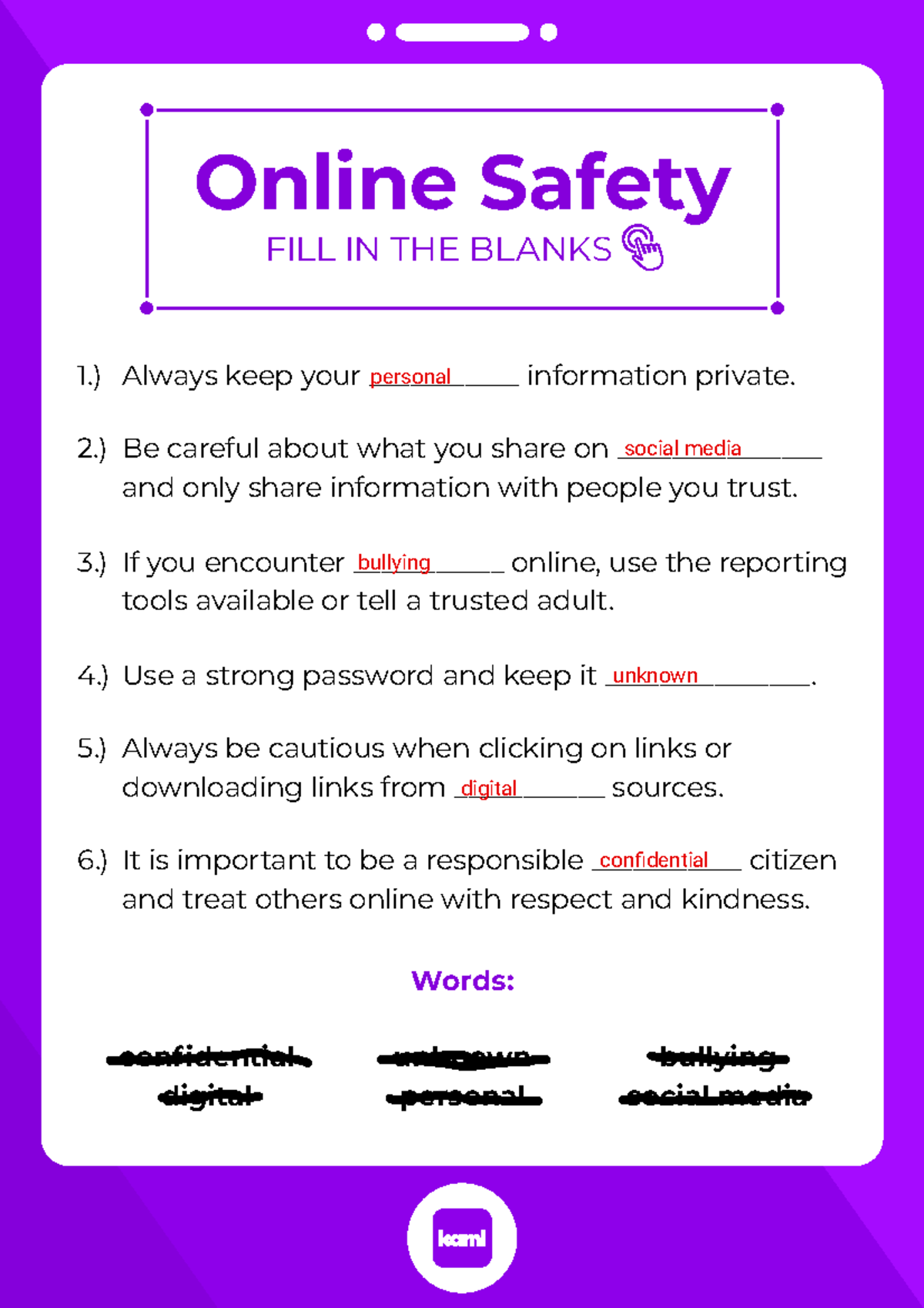 Tykora Scherf - Online Safety Fill in the Blanks - Online Safety FILL ...