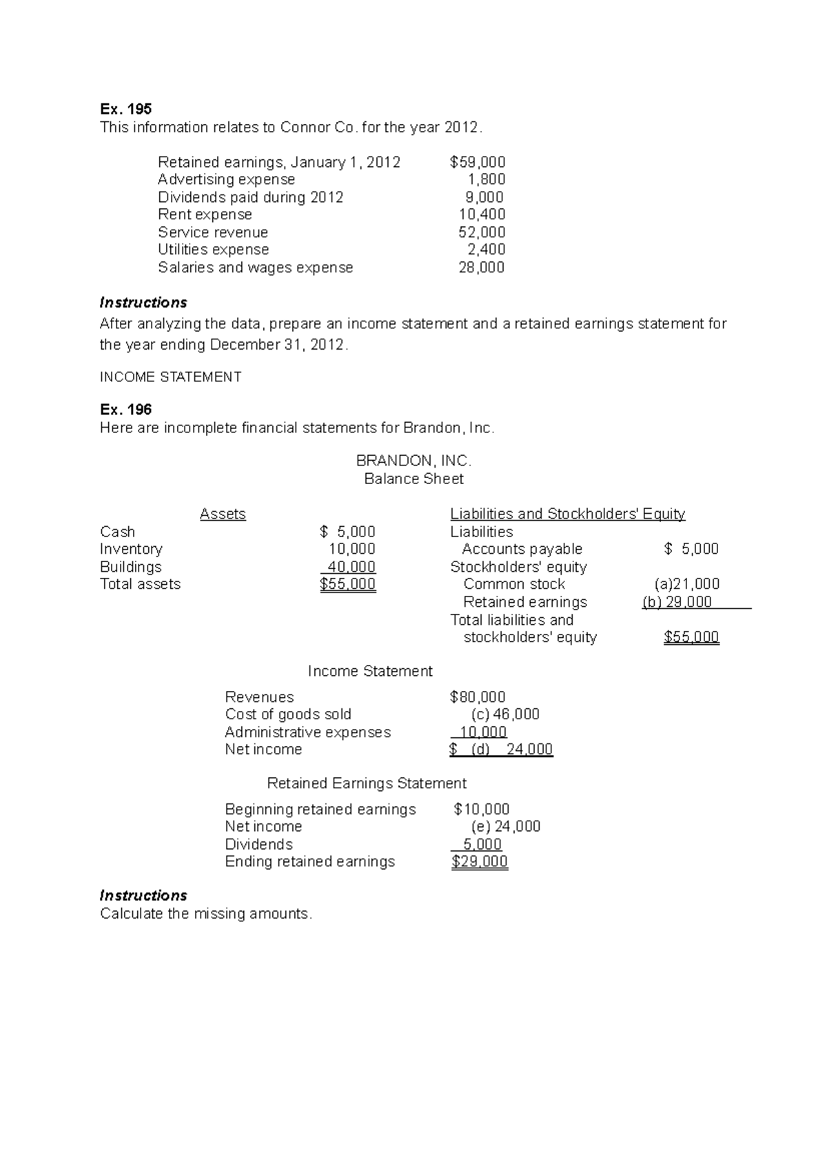 Bài tập làm finance statement - Ex. 195 This information relates to ...