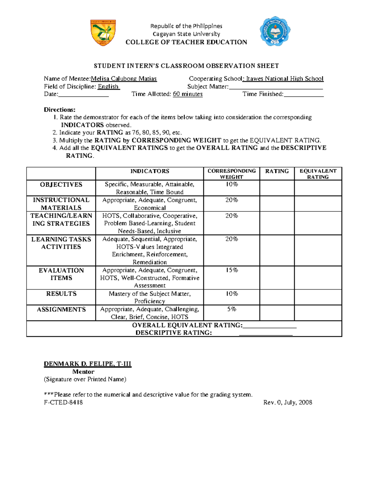 Interns- Observation- Sheet - Cagayan State University COLLEGE OF ...