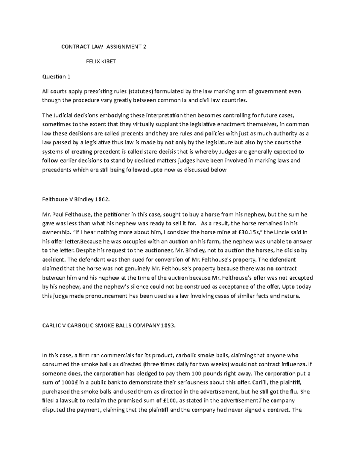 Contract LAW Assignment 2 - CONTRACT LAW ASSIGNMENT 2 FELIX KIBET ...