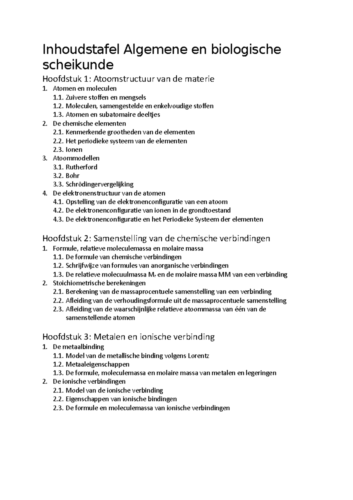 Inhoudstafel Algemene en biologische scheikunde - Inhoudstafel Algemene ...