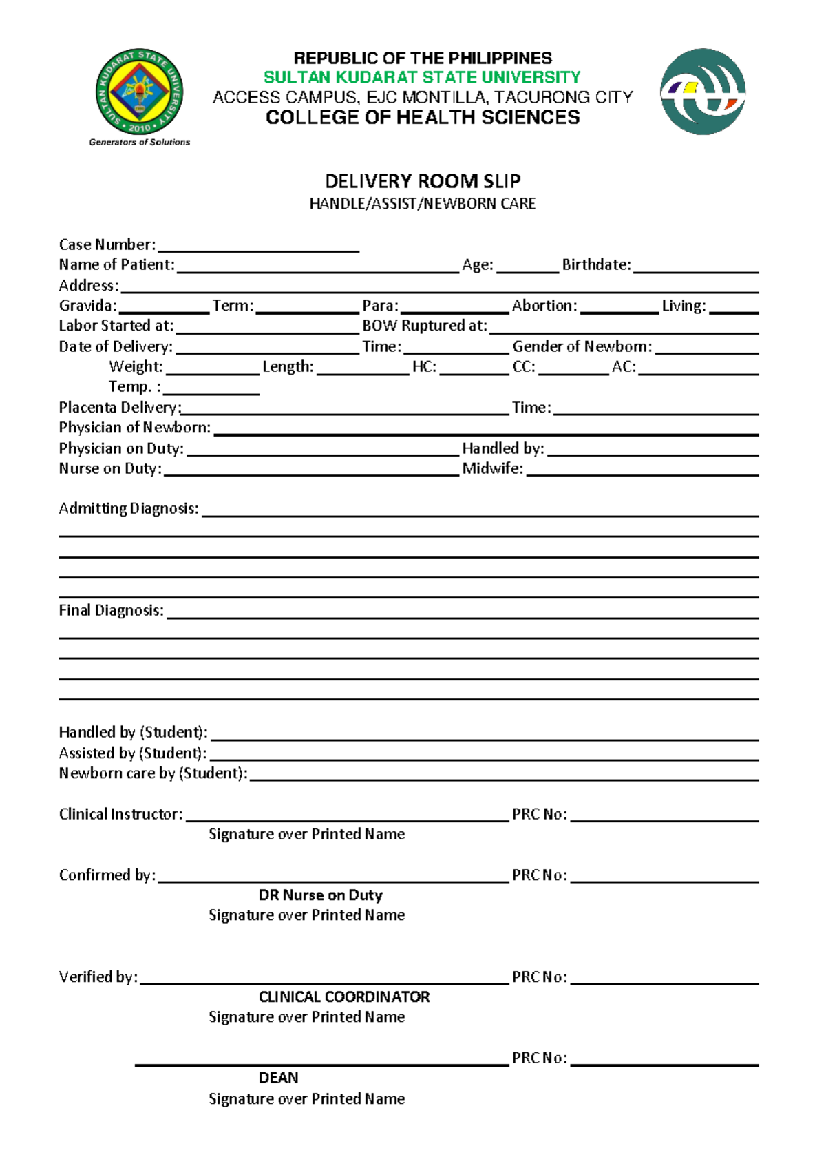 Delivery-ROOM-SLIP - REPUBLIC OF THE PHILIPPINES SULTAN KUDARAT STATE ...