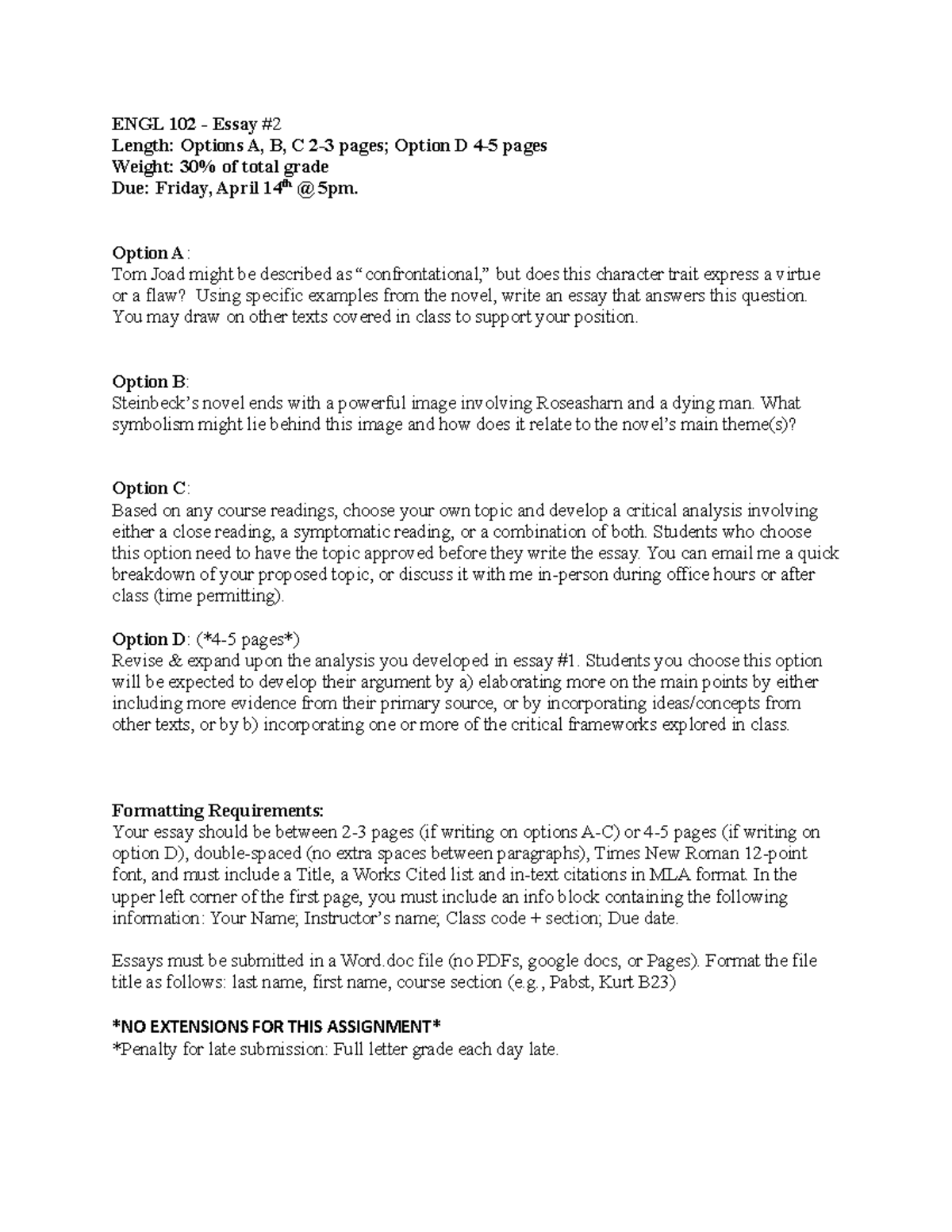 ENGL 102 - Essay #2 Prompts Details - ENGL 102 - Essay # 2 Length ...