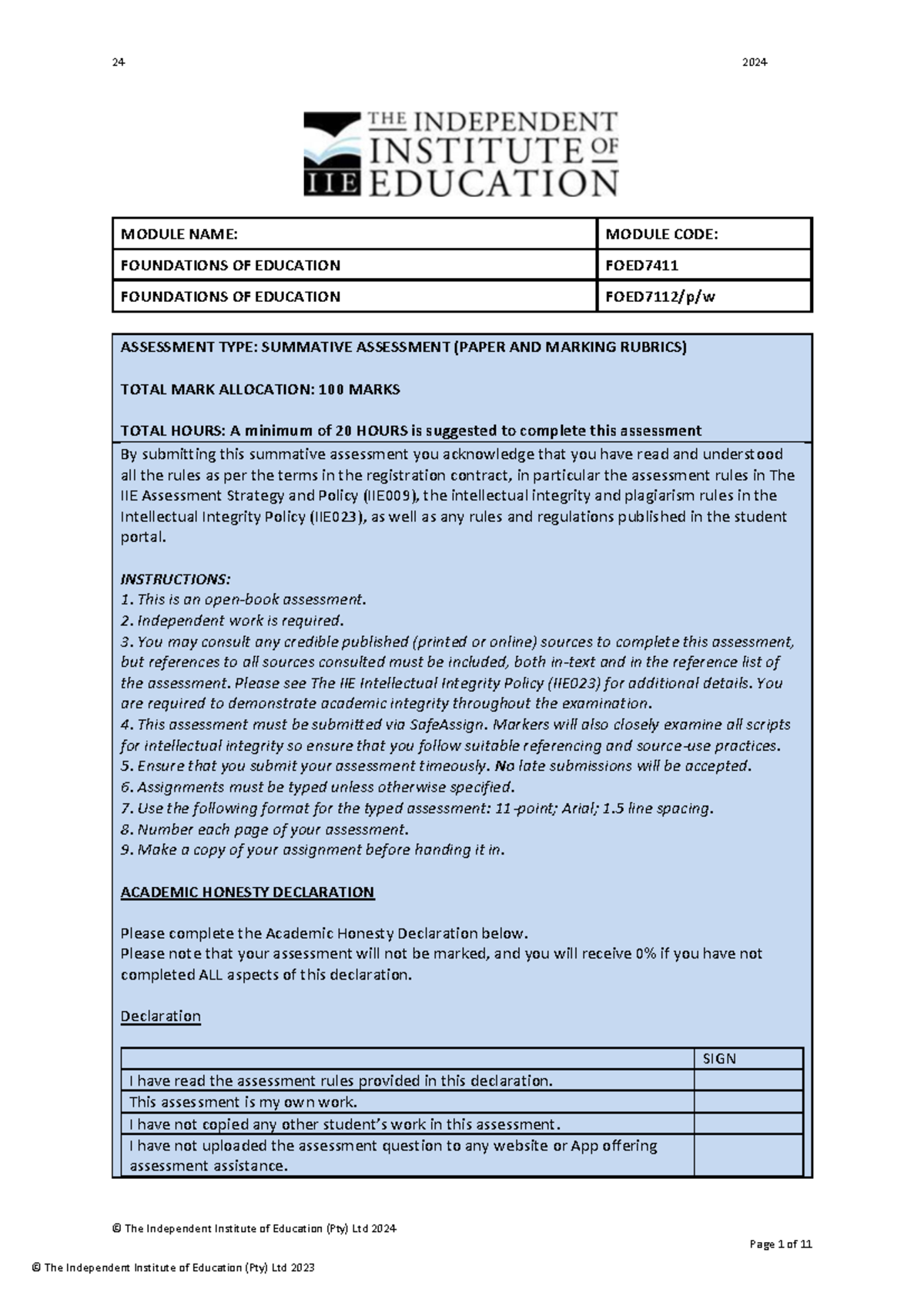 FOED7411 Summative Assignment - © The Independent Institute of ...