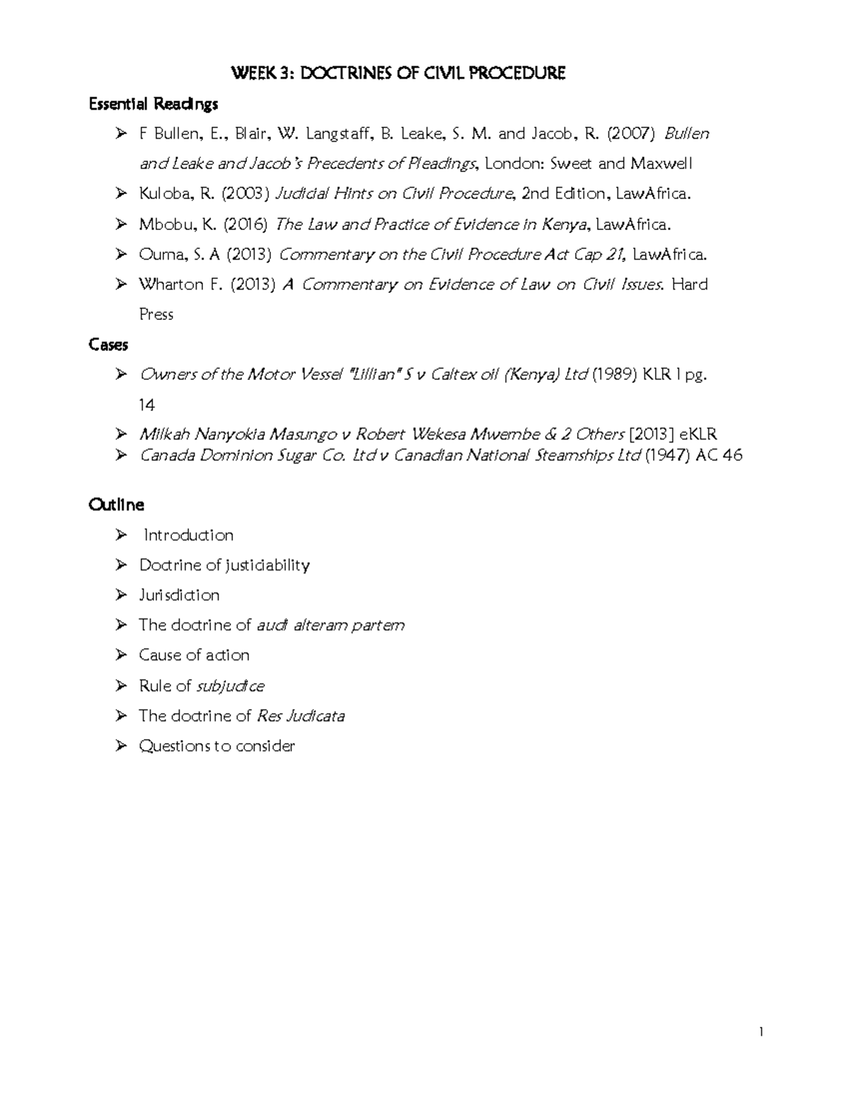 Civil Procedure I Week 3 Handout - 1 WEEK 3: DOCTRINES OF CIVIL ...