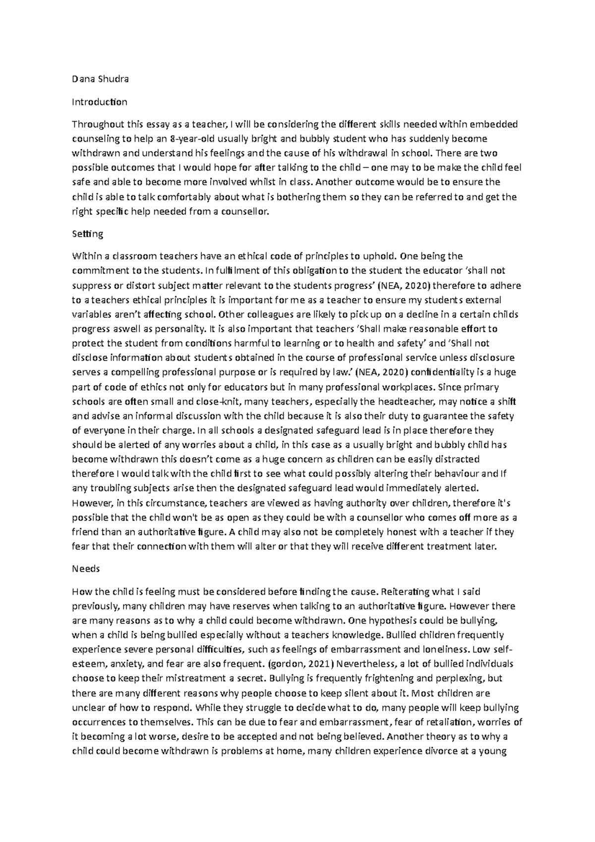 Counselling essay 1 - embedded counseling assignment - Dana Shudra ...