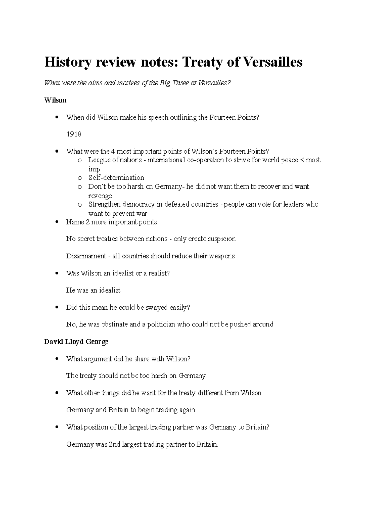 History review notes - Treaty of Versailles - History review notes ...