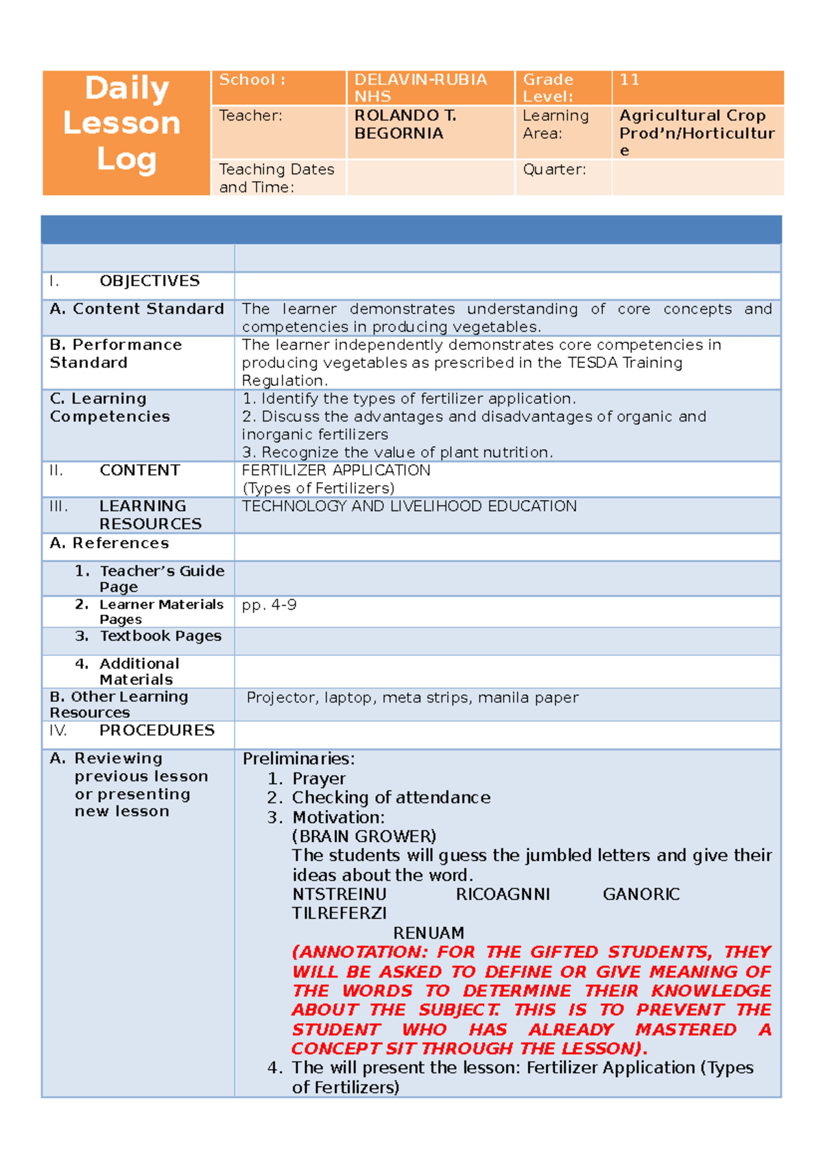 DLL 1st CO - CLASS OBSERVATION - Daily Lesson Log School : DELAVIN ...