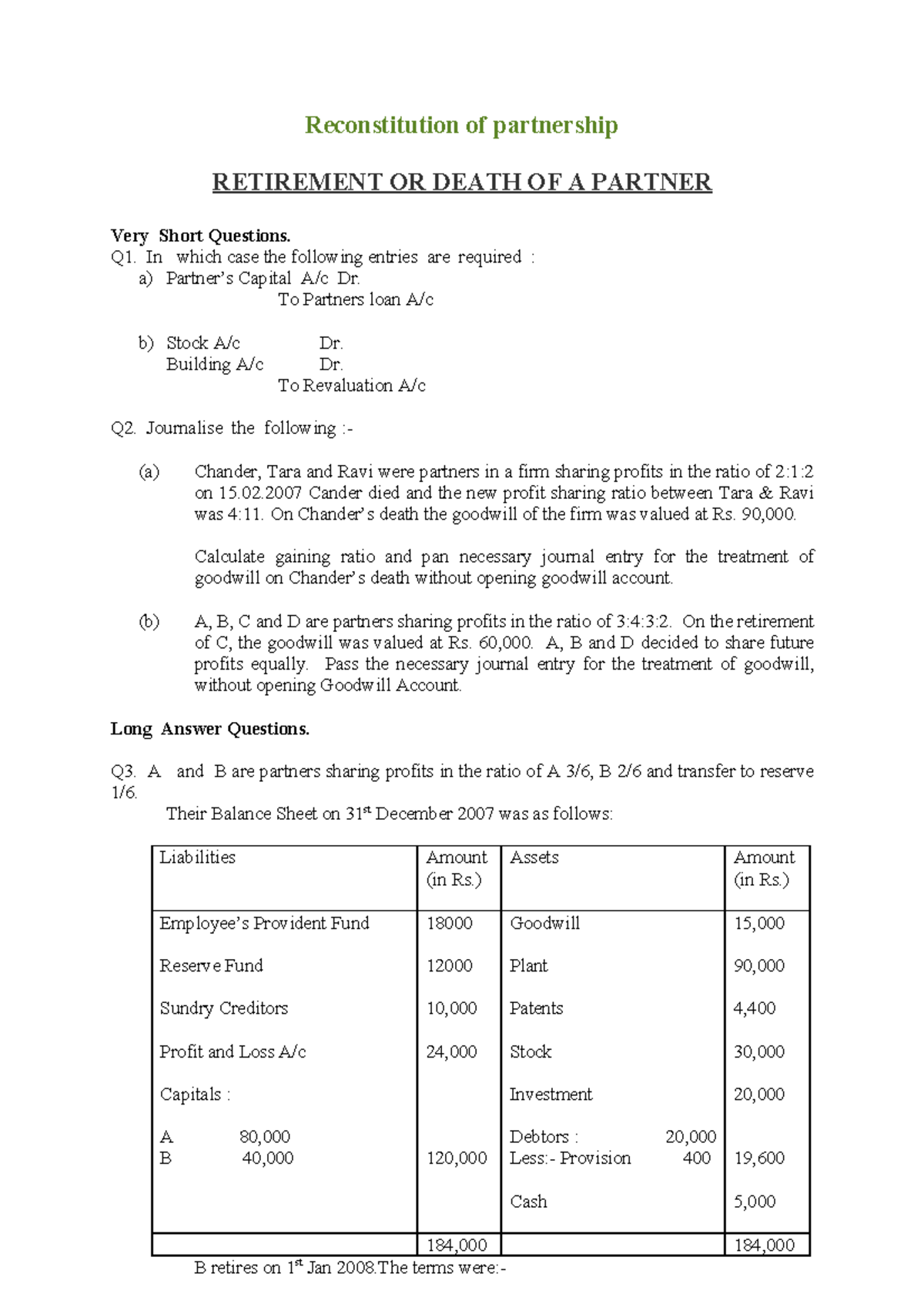 Unit 3 Retirement or Death Of Partner Questions - Reconstitution of ...