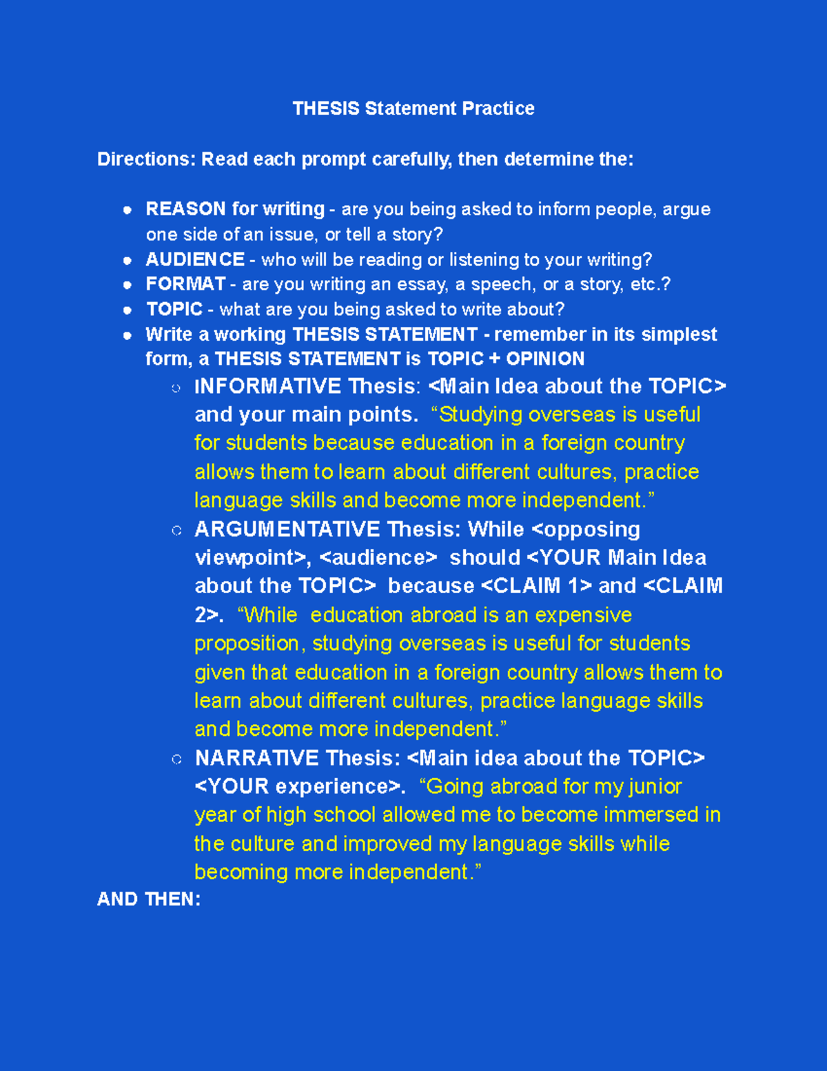 Thesis Statement Practice - THESIS Statement Practice Directions: Read ...