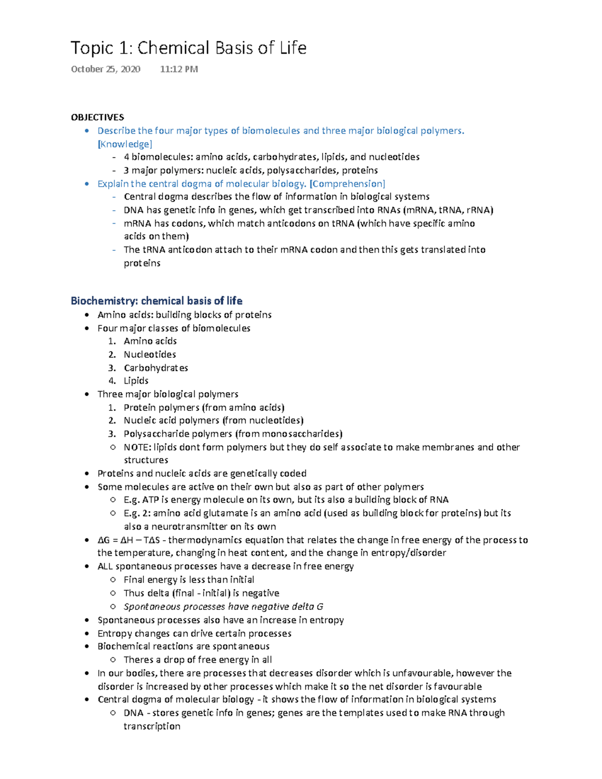 Biochemistry topic 1 - chemical basis of life notes - Topic 1: Chemical ...