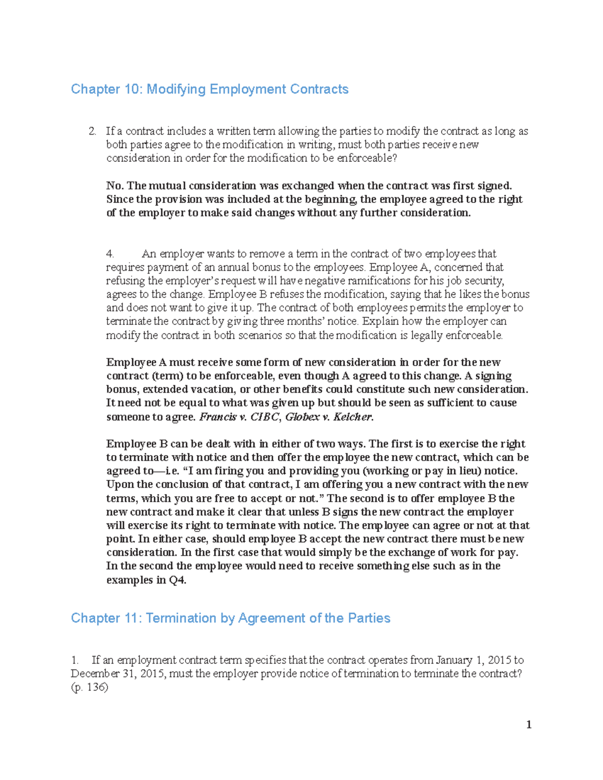 Summary 3 - n/a - Chapter 10: Modifying Employment Contracts 2. If a ...