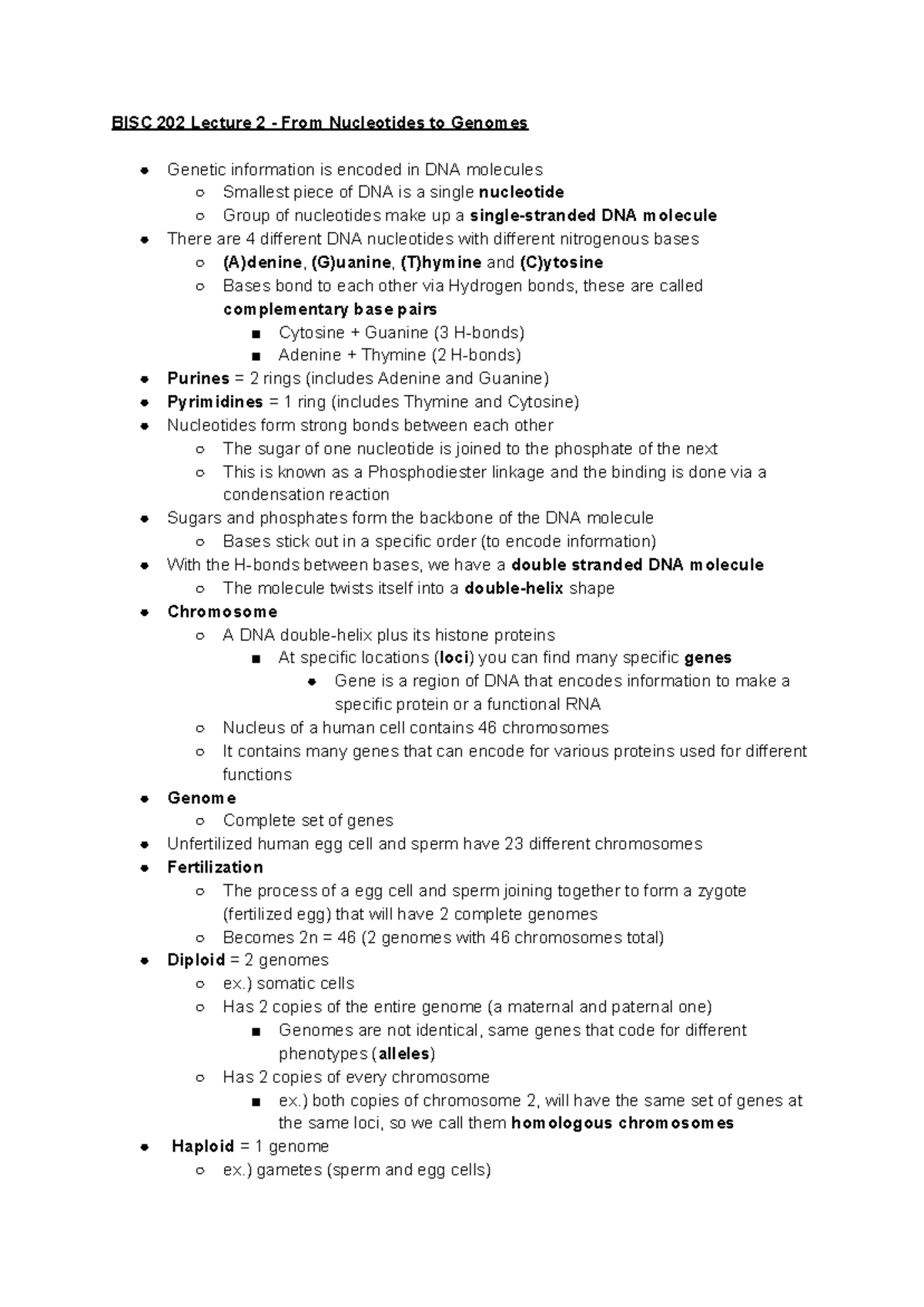 BISC202 Lecture 2 From Nucleotides to Genomes - BISC 202 Lecture 2 ...