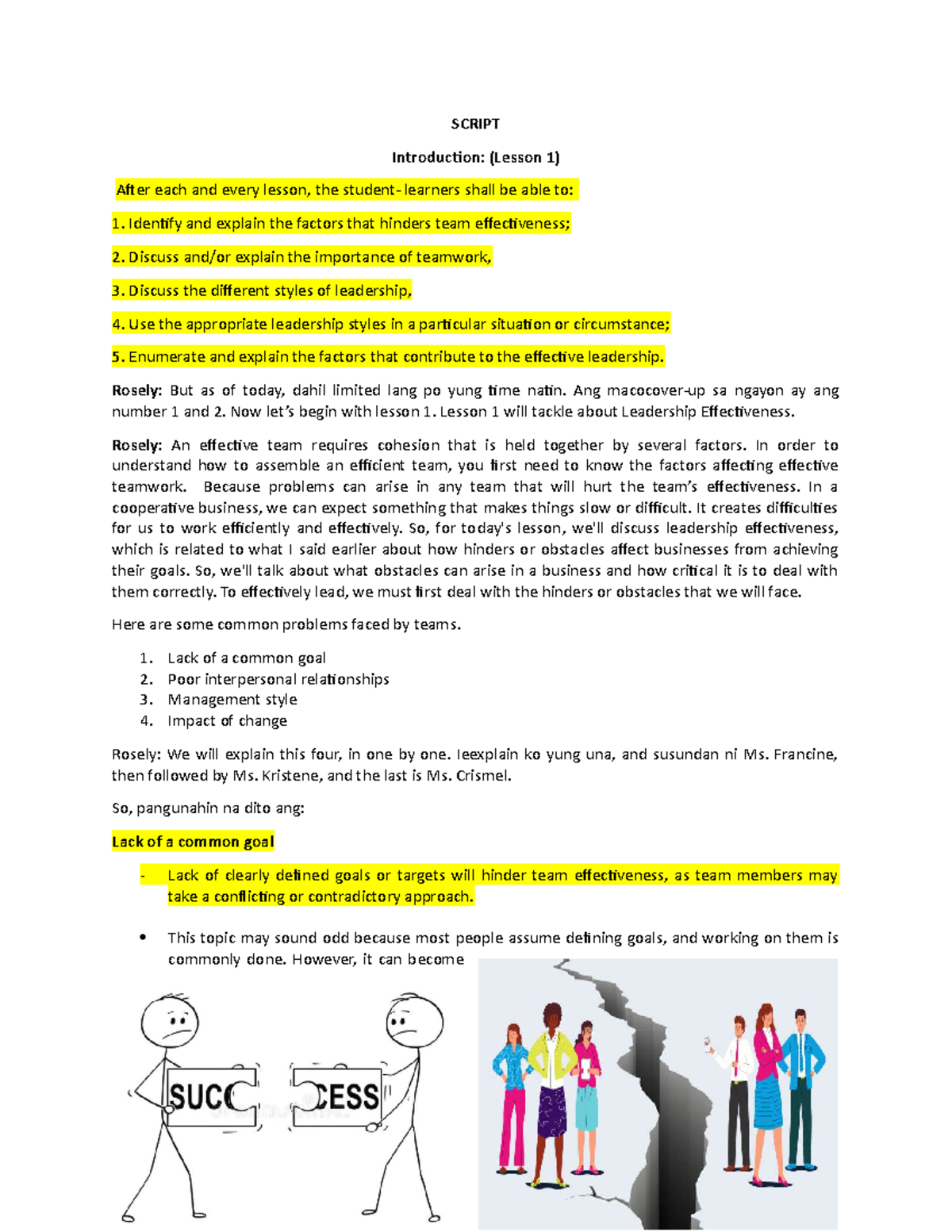 Script-coop leadership - SCRIPT Introduction: (Lesson 1) After each and ...