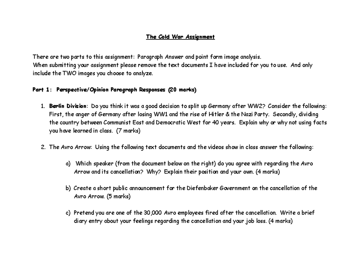 The Cold War Assignment - The Cold War Assignment There are two parts ...