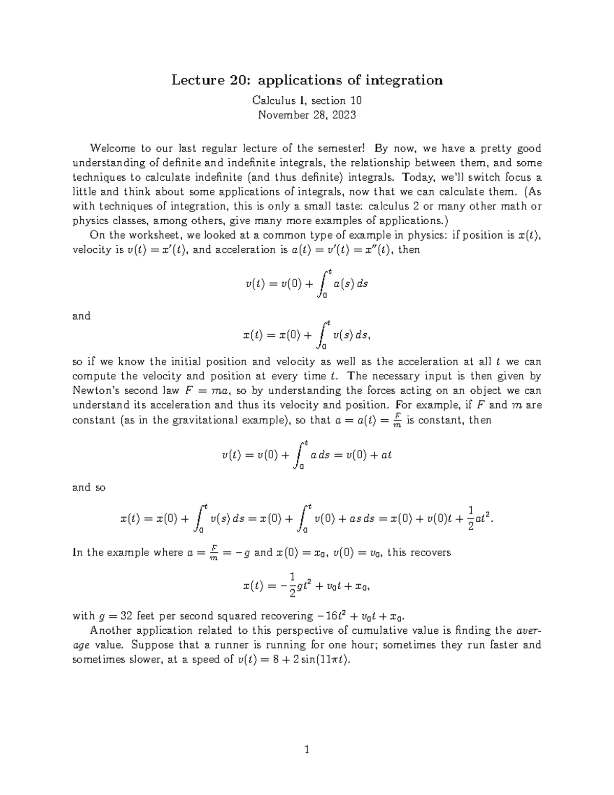 Lecture-20 - intergration - Lecture 20: applications of integration ...