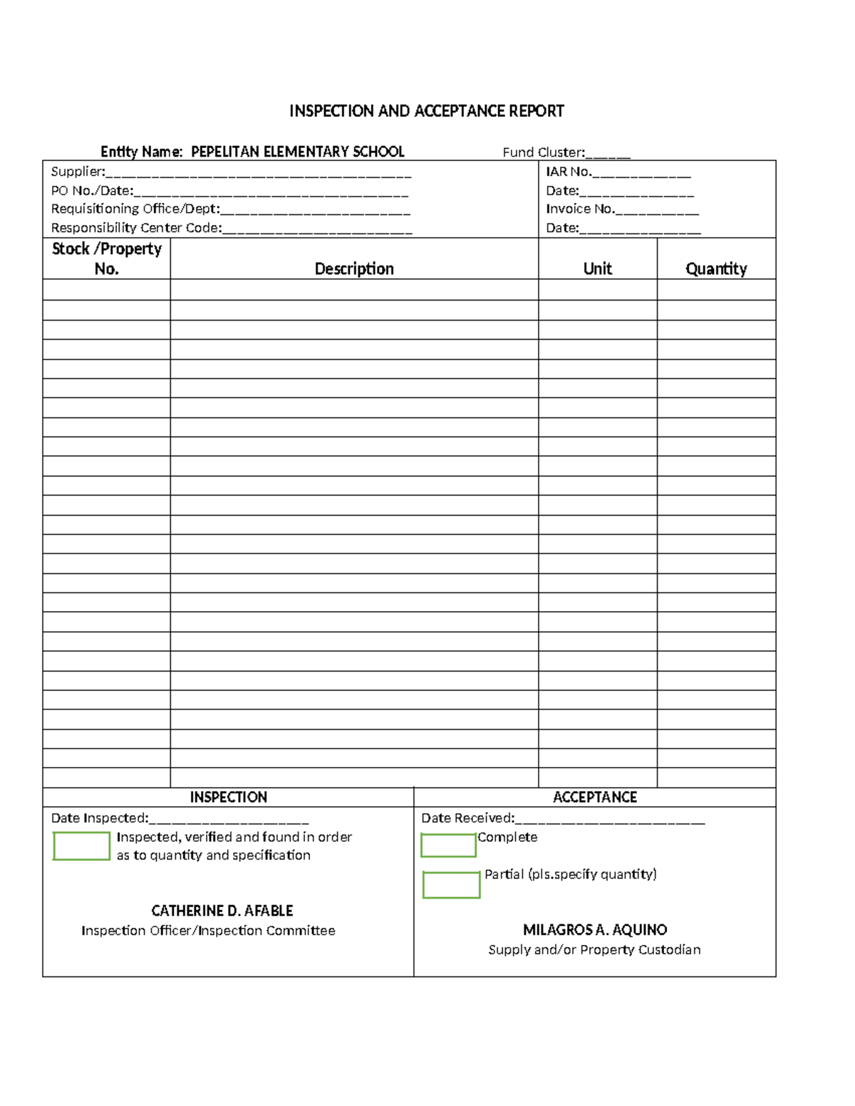 Inspection AND Acceptance Report - INSPECTION AND ACCEPTANCE REPORT ...
