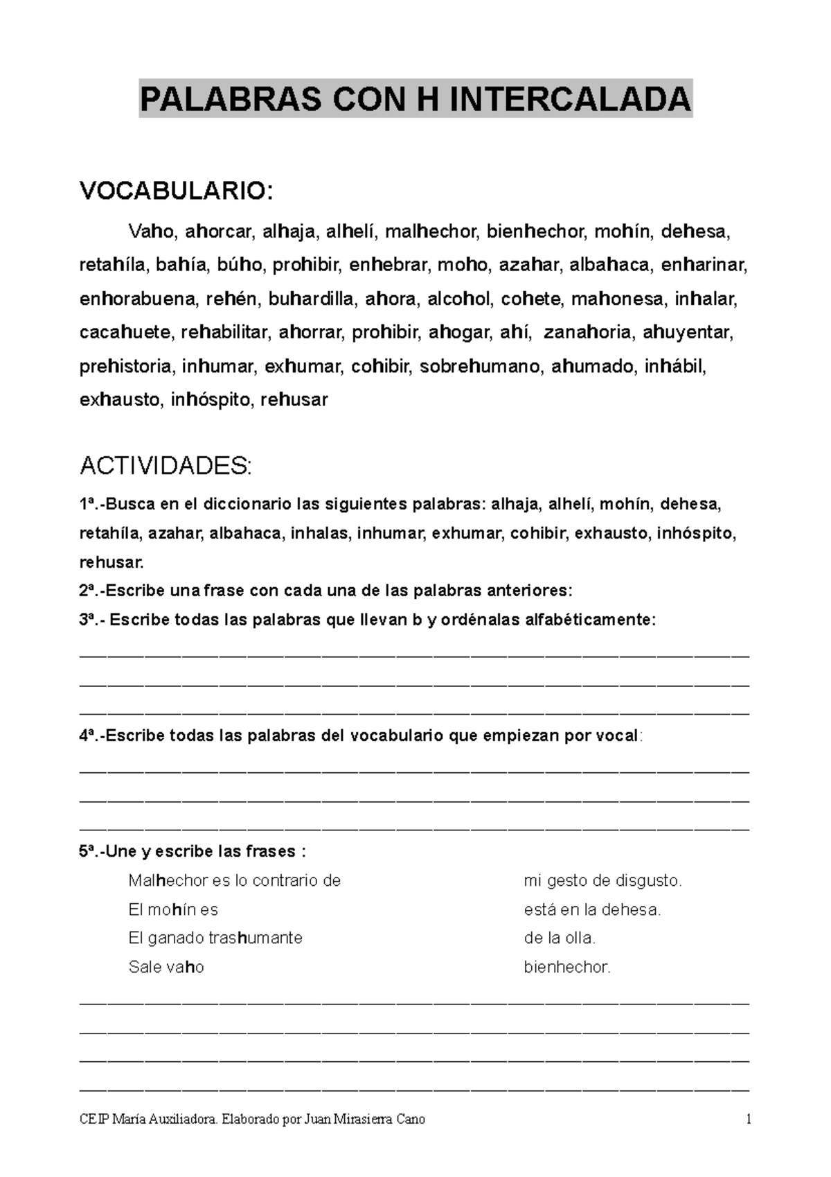 Palabras con h intercalada - PALABRAS CON H INTERCALADA VOCABULARIO ...