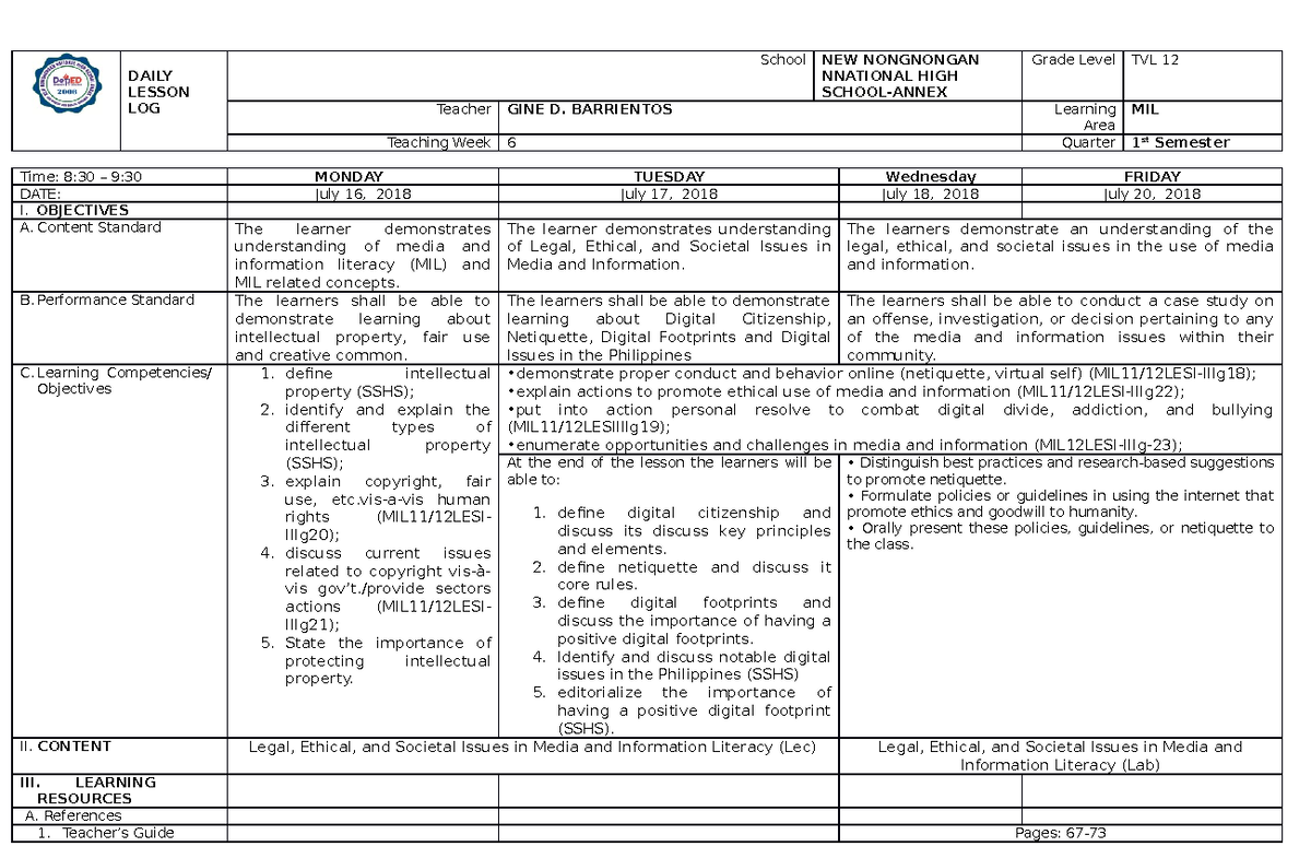 Week 7 MIL - Lesson Plan in Media and Information Literacy First ...