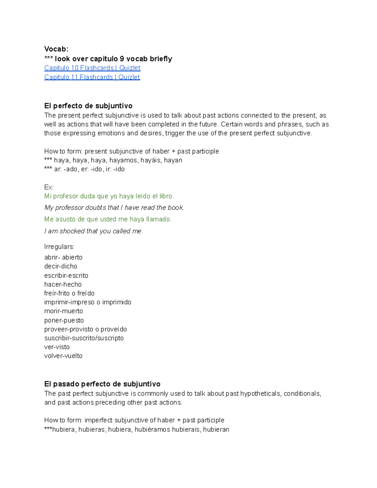 Final Exam Study Guide - Vocab: *** look over capitulo 9 vocab briefly ...