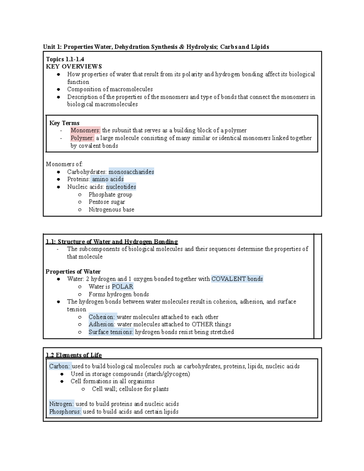 Unit 1 Properties Water, Dehydration Synthesis & Hydrolysis; Carbs and ...
