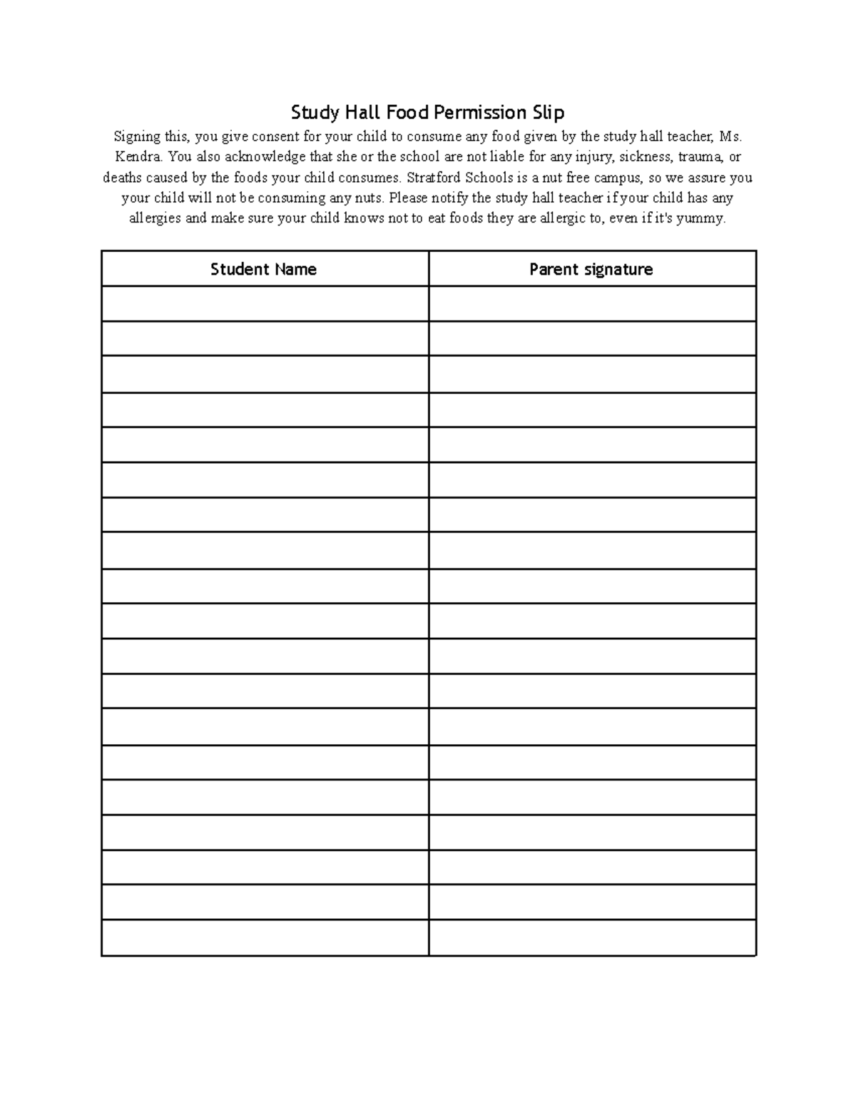 Study Hall Food Permission Slip - Study Hall Food Permission Slip ...