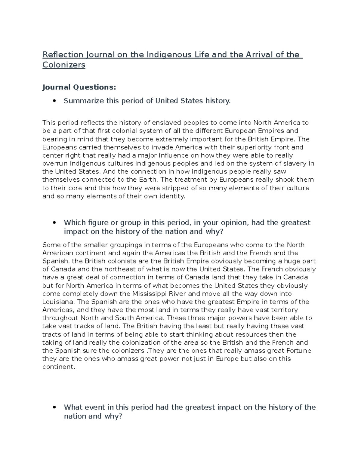 Reflection Journal on the Indigenous Life and the Arrival of the ...