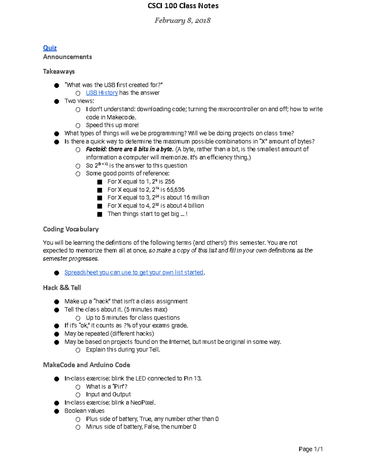 2018-02-08 Class Notes - CSCI 100 Class Notes February 8, 2018 Quiz ...