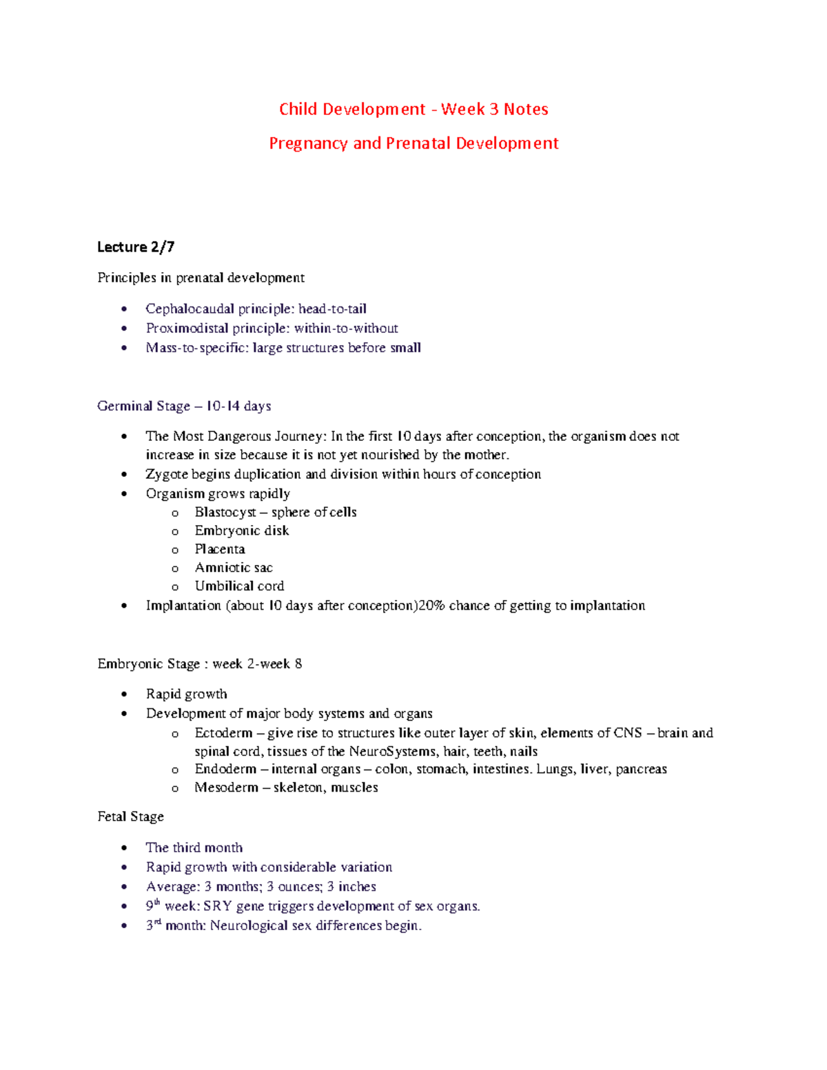 PS 236 Week 3 - prenatal development - Child Development - Week 3 Notes ...
