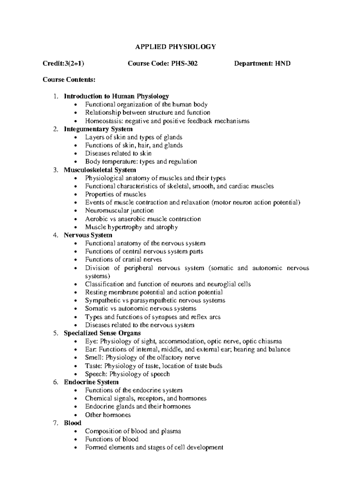 Applied Physiology - course outline - APPLIED PHYSIOLOGY Credit:3(2+1 ...