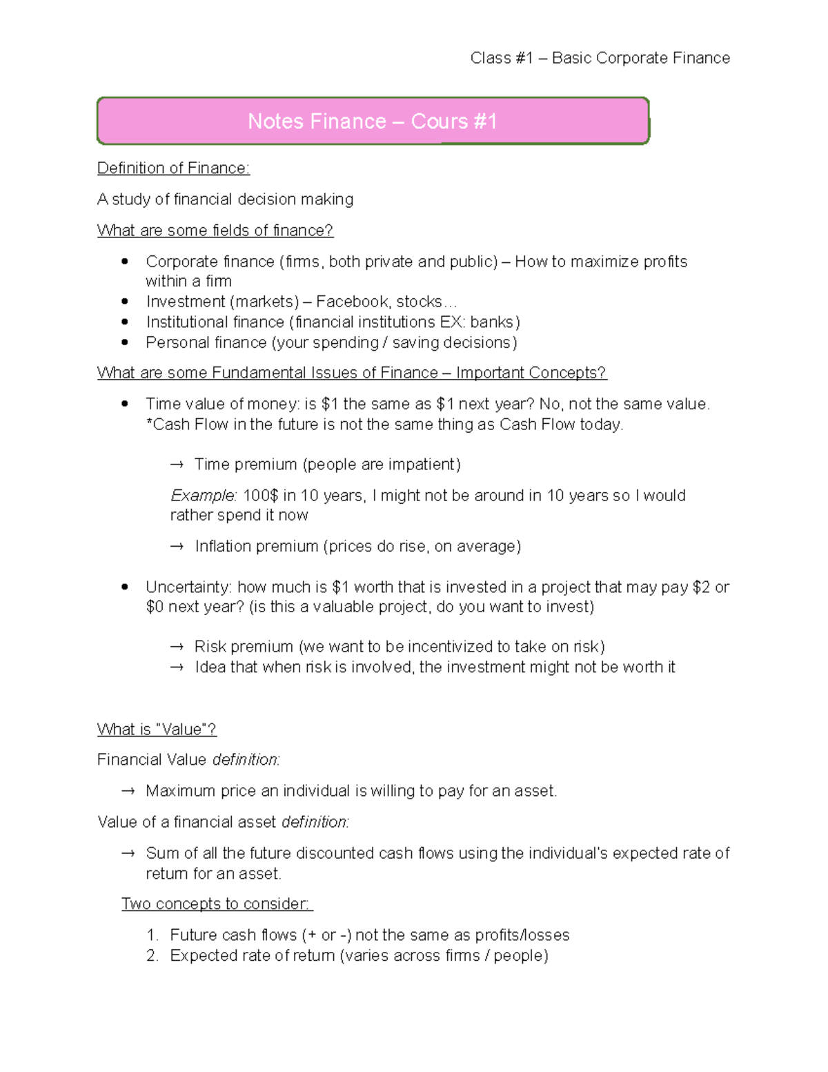 Notes-Class-1 Introduction Finance 2020-2021- HEC - Class #1 – Basic ...