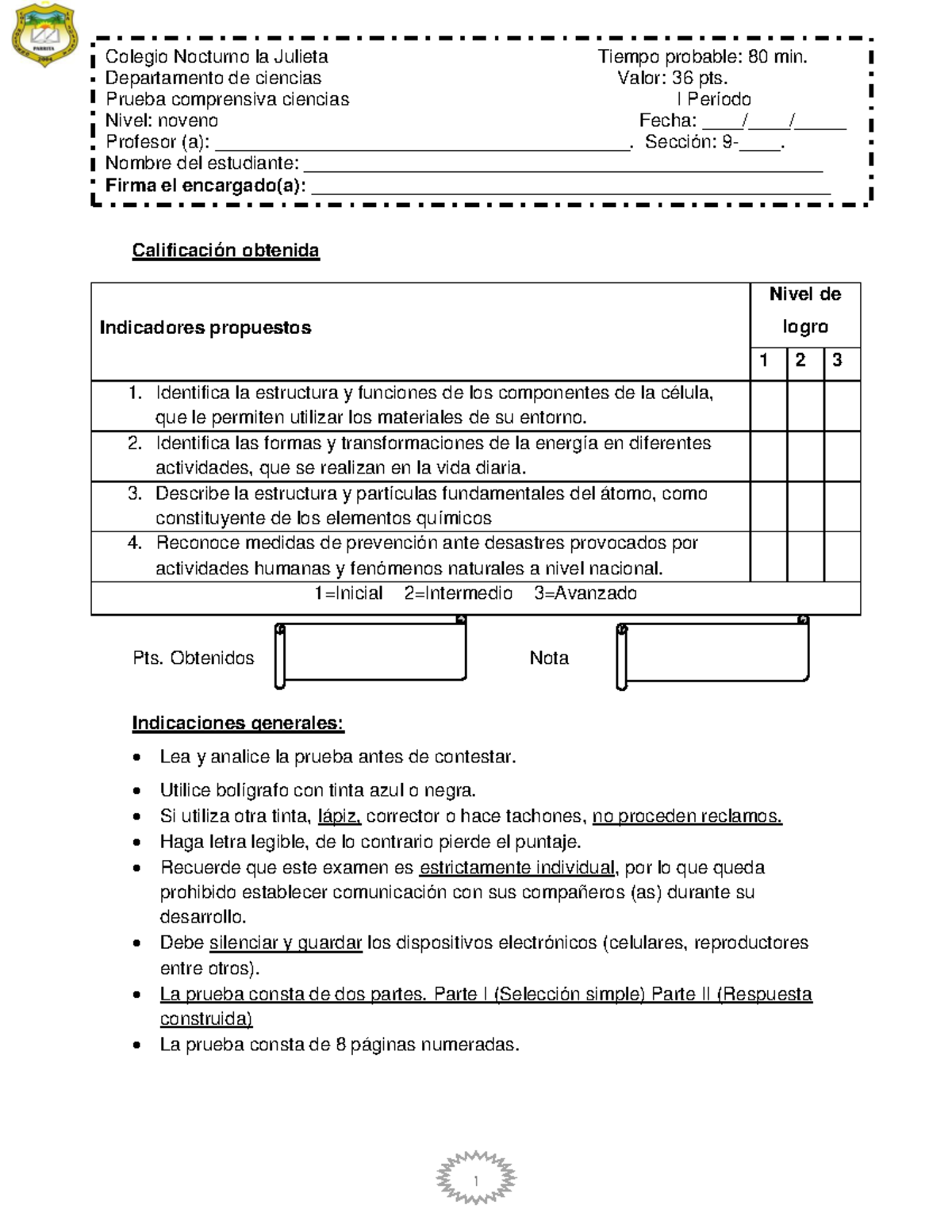 2. Prueba Comprensiva Escrita 9 Ciencias - Calificación obtenida Pts ...