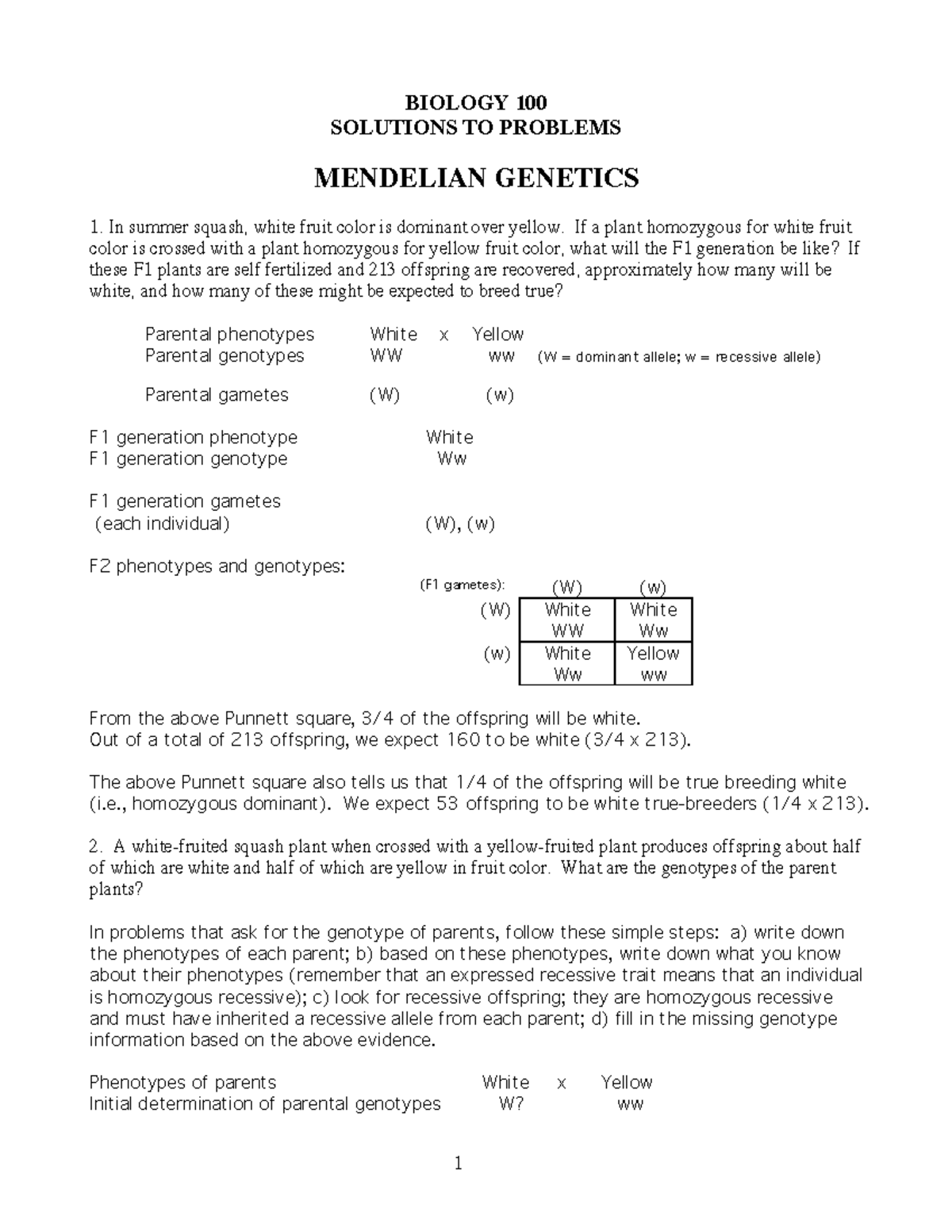 Mendelian Genetics Solutions to Problems - 1 BIOLOGY 100 SOLUTIONS TO ...