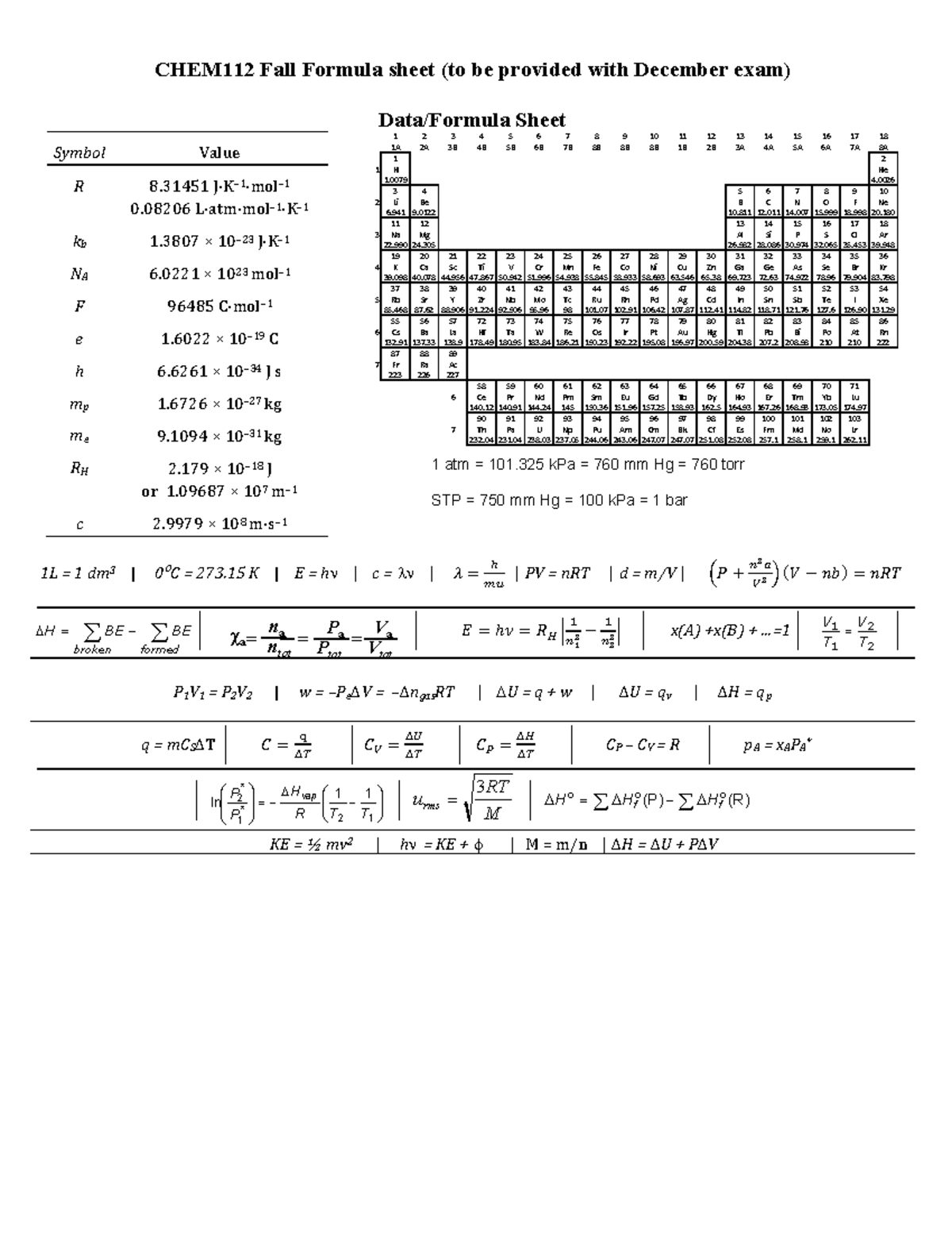 CFS - Formula sheet for chem 112. - CHEM112 Fall Formula sheet (to be ...