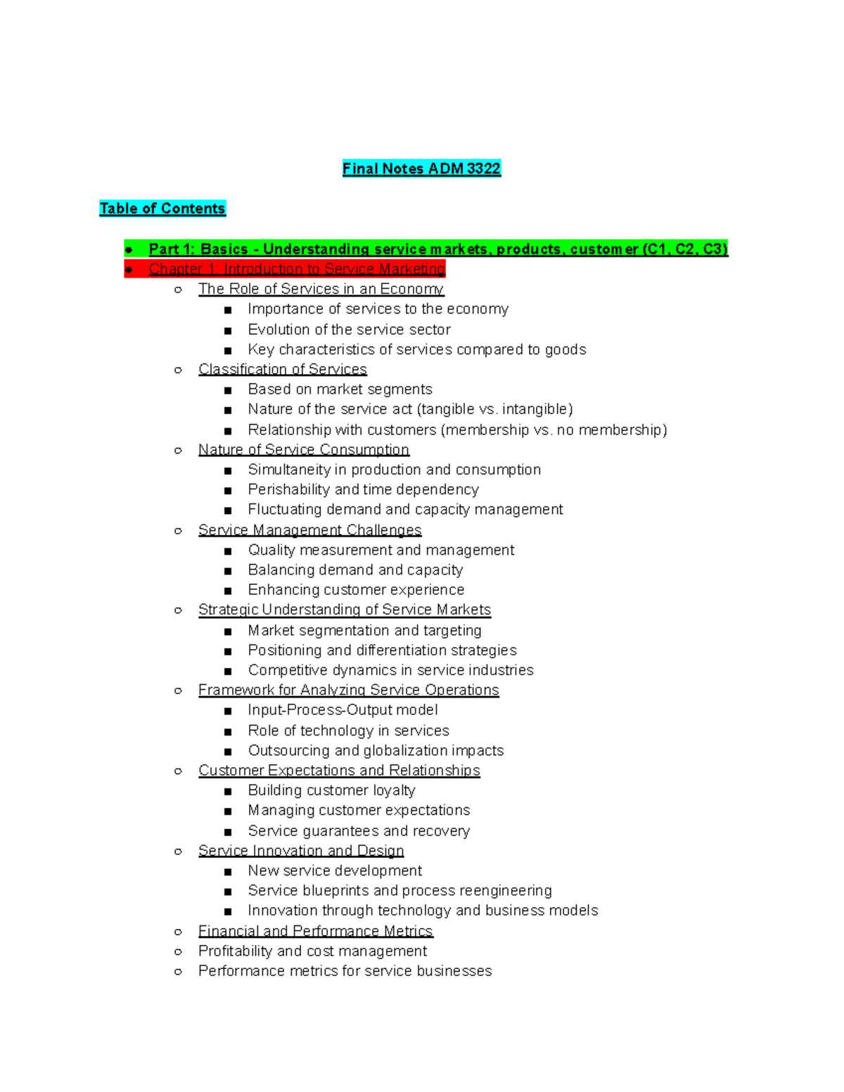 ADM 3322 - Final Exam Notes - Final Notes ADM 3322 Table of Contents ...