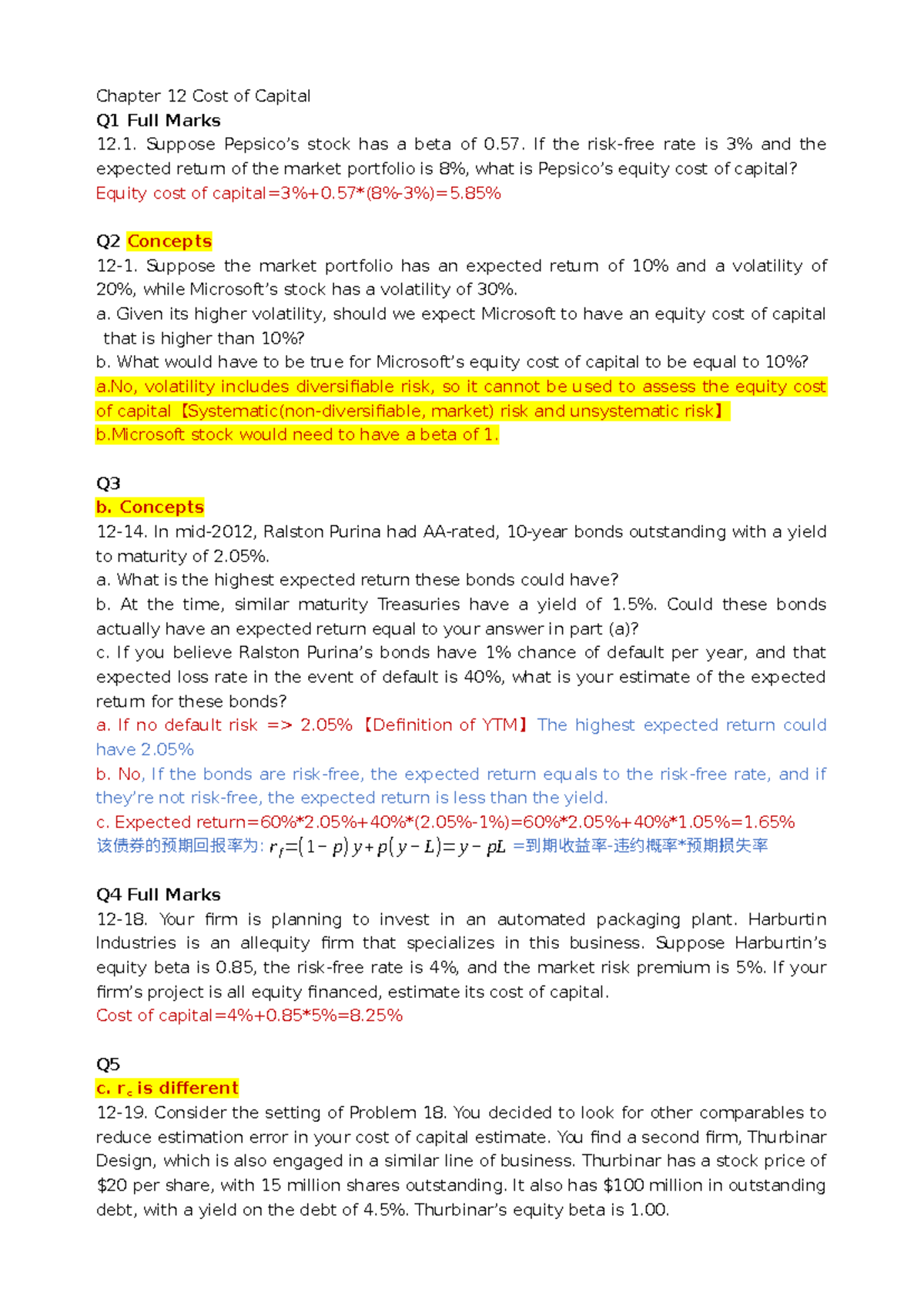 Tutorial 01 - Chapter 12 Cost of Capital Q1 Full Marks 12. Suppose ...