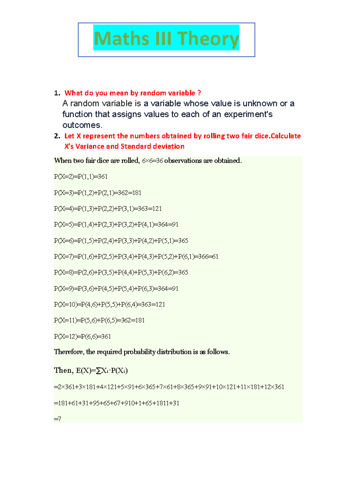 Matha III theory notes - 1. What do you mean by random variable? A ...