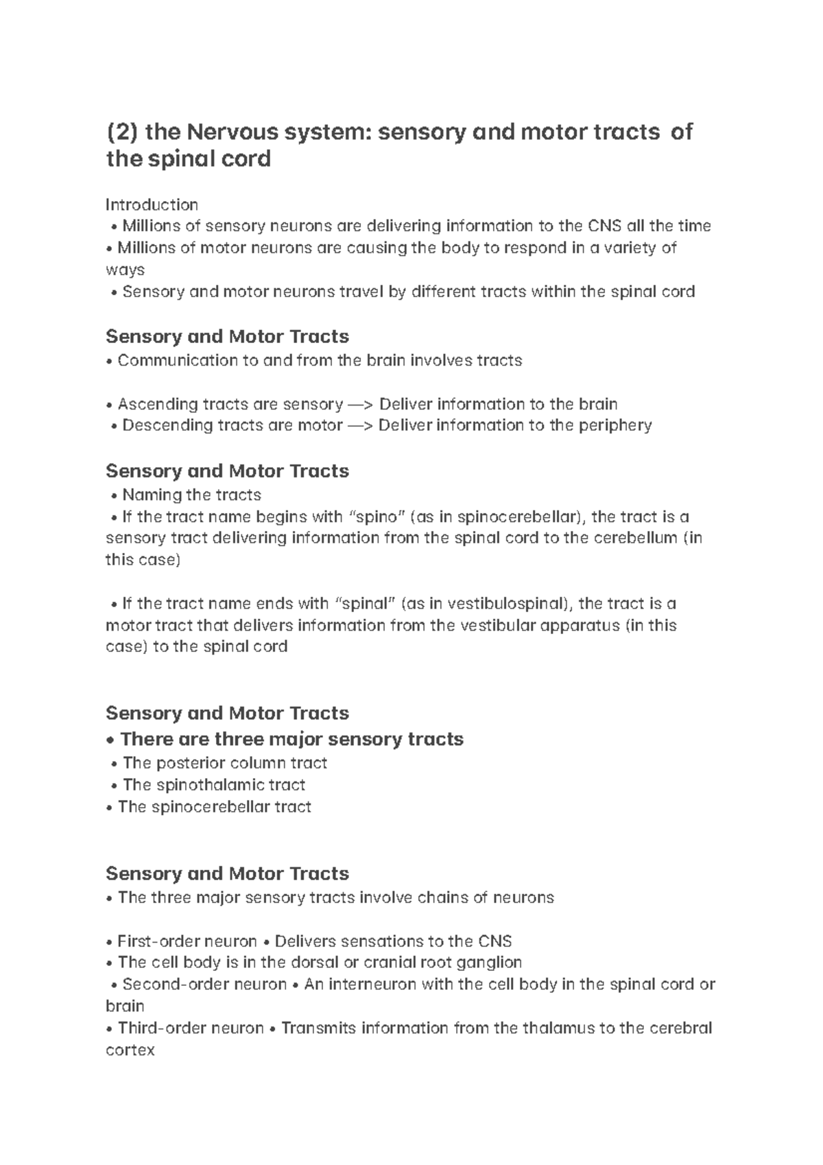 (2) the Nervous system: sensory and motor tracts of the spinal cord ...