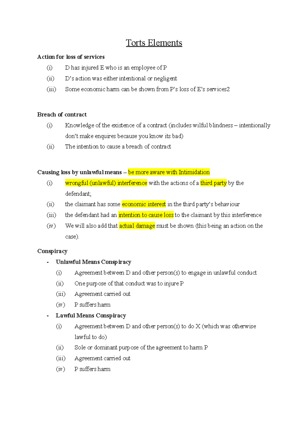 Torts Elements - Torts Elements Action for loss of services (i) D has ...