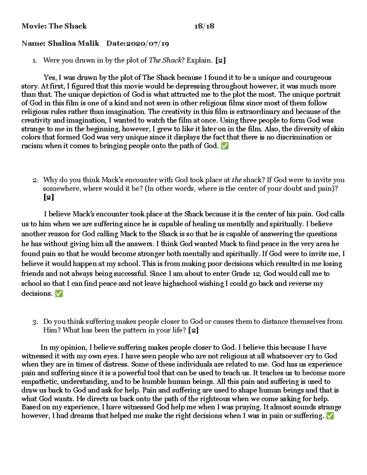 The Shack Movie Assignment - Movie: The Shack 18/ Name: Shalina Malik ...