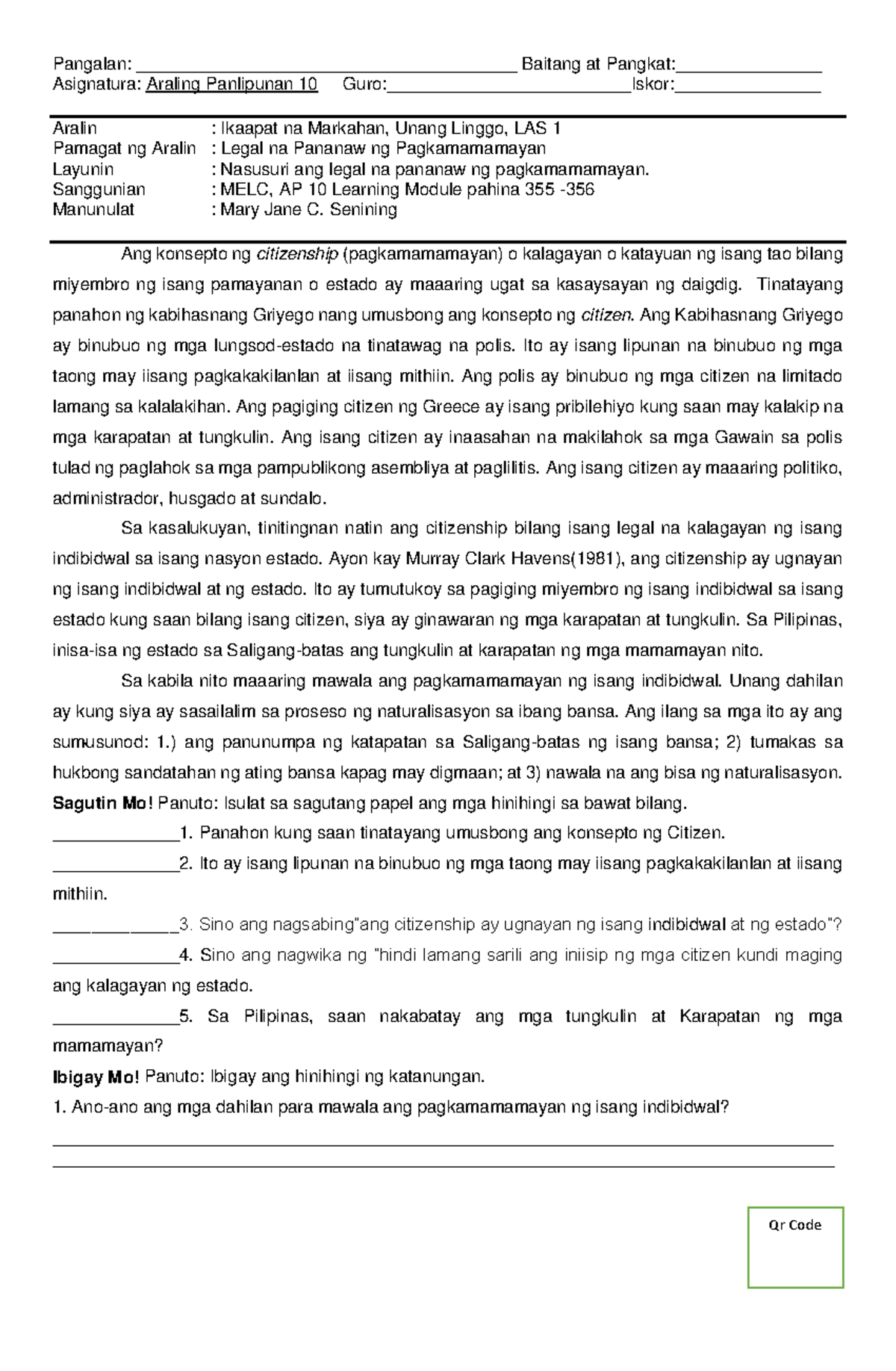 AP10 Q4 W1 LAS1 - LAS - Pangalan: _______________________________________ Baitang at - Studocu