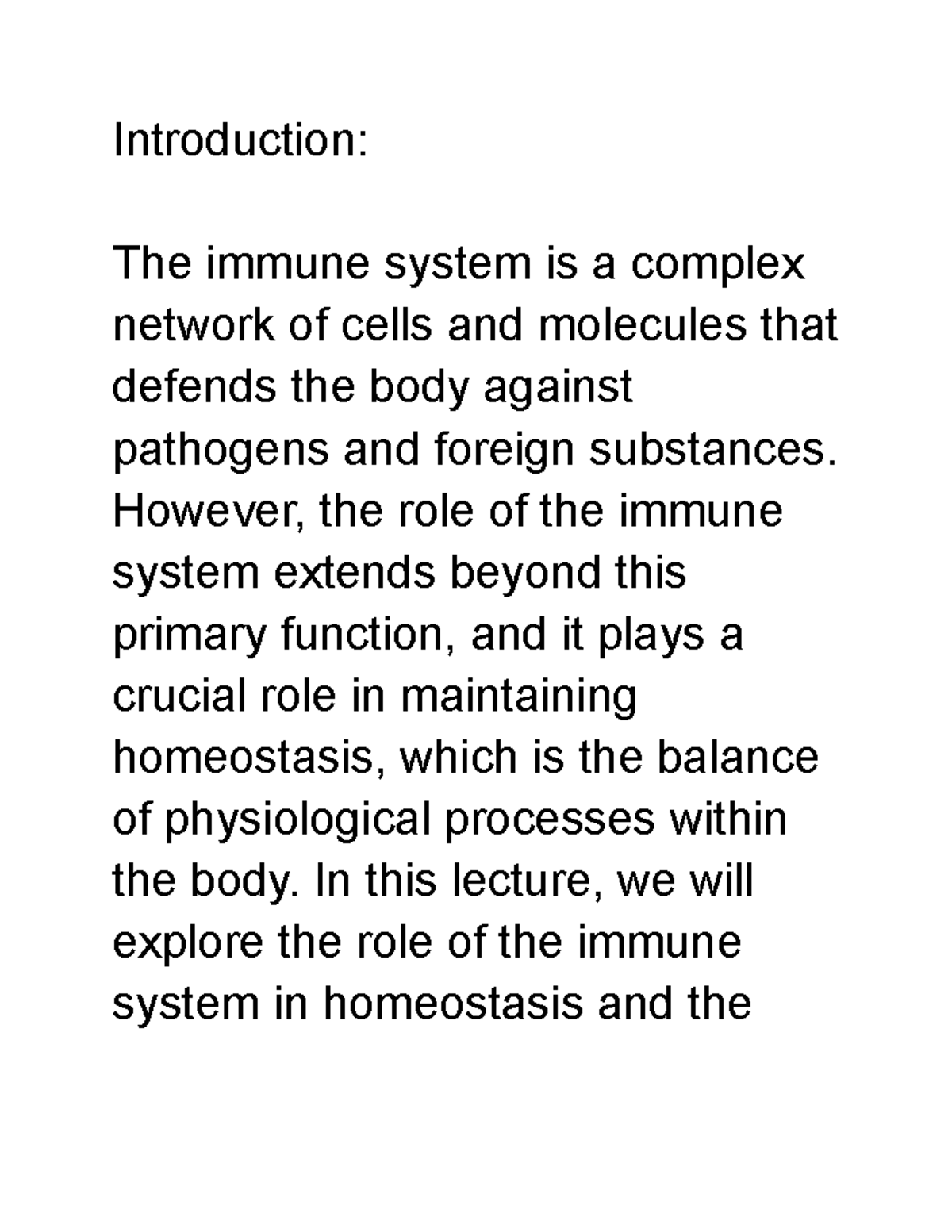 Lecture note - Exploring the role of the immune system in homeostasis ...
