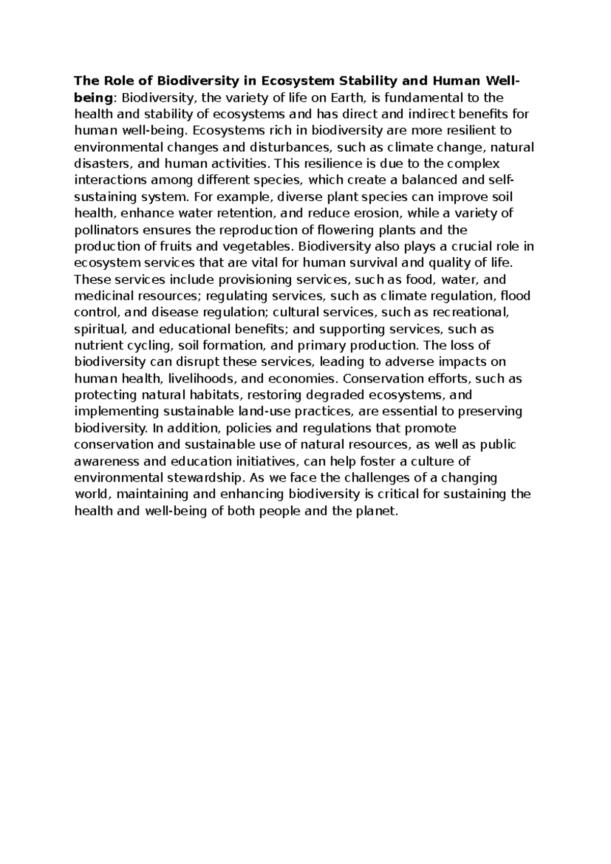 The Role of Biodiversity in Ecosystem Stability and Human Well ...